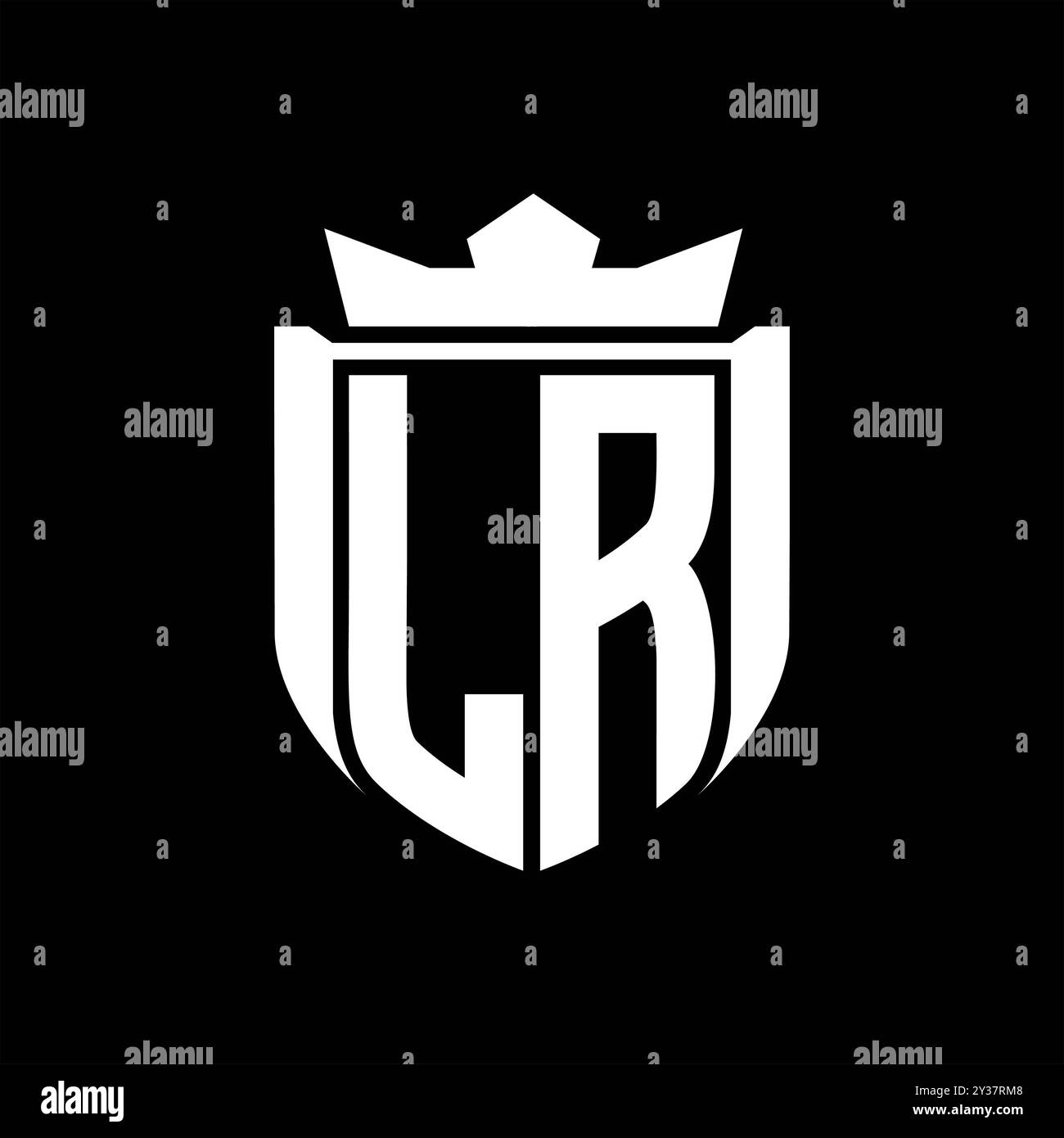 LR Letter logo with shield shape inside shield badge crown on black ...