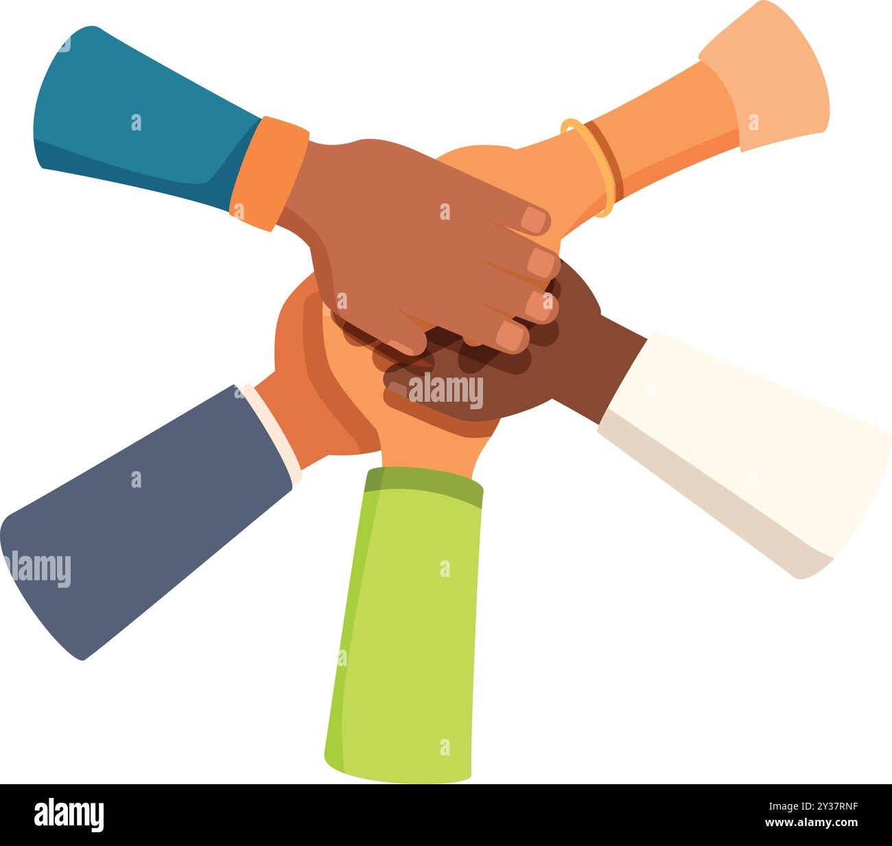Four people joining their hands together, symbolizing their unity and ...