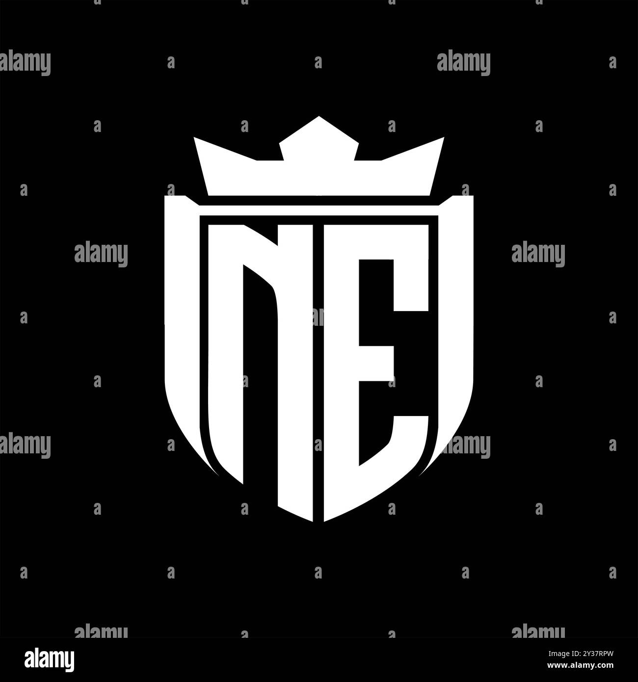 NE Letter logo with shield shape inside shield badge crown on black ...