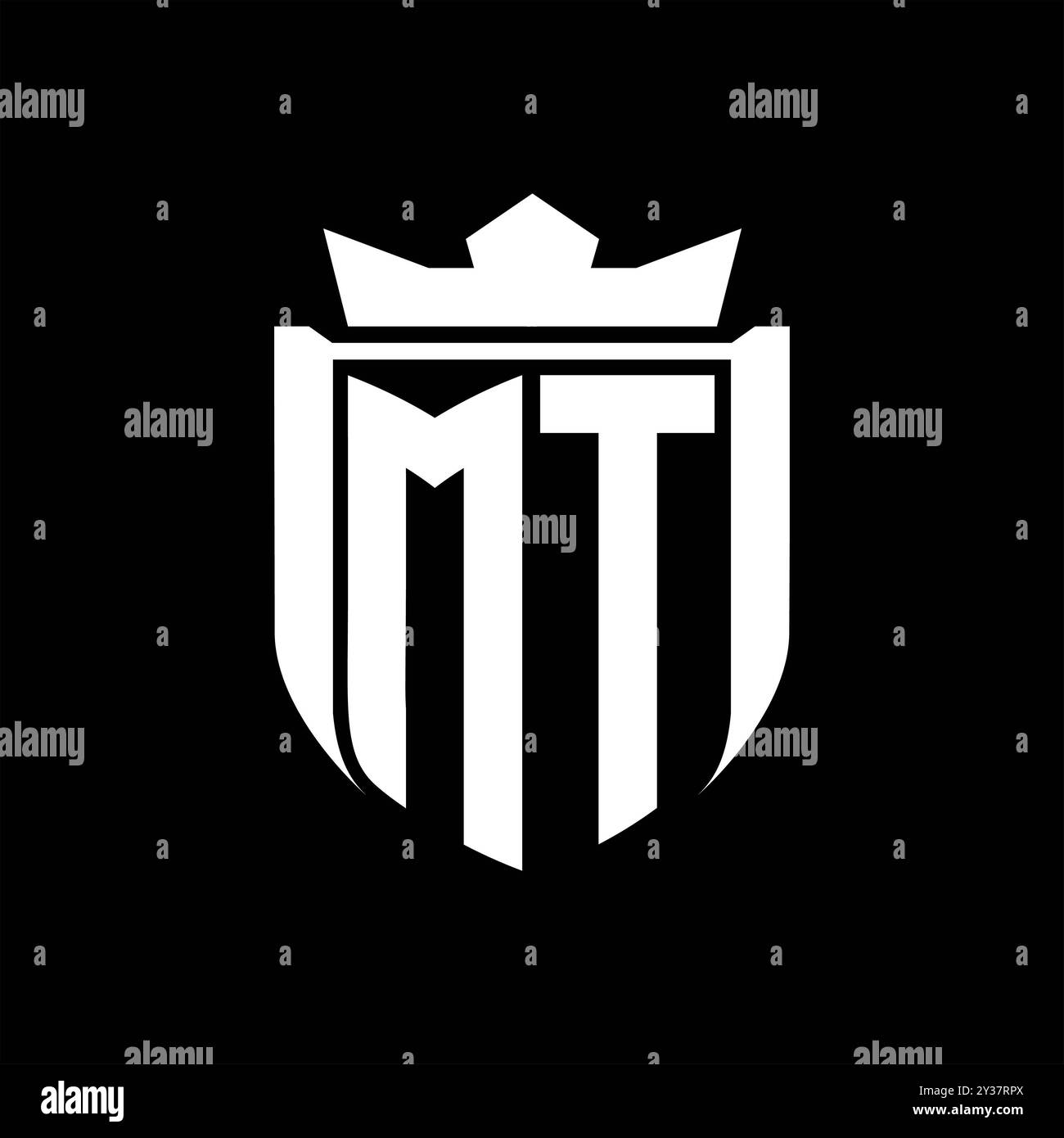 MT Letter logo with shield shape inside shield badge crown on black ...