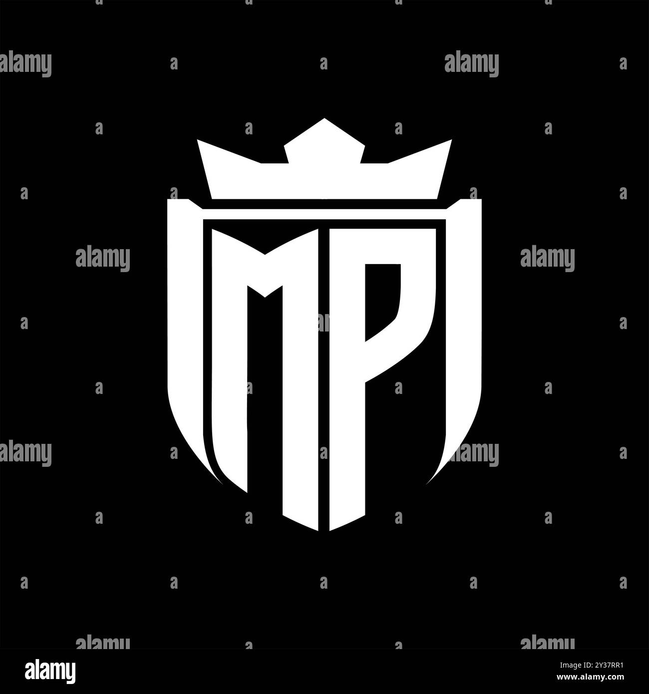 MP Letter logo with shield shape inside shield badge crown on black ...