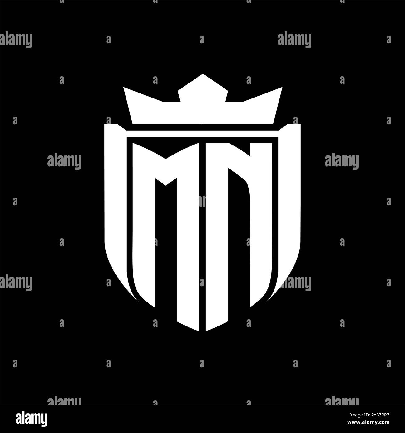 MN Letter logo with shield shape inside shield badge crown on black ...