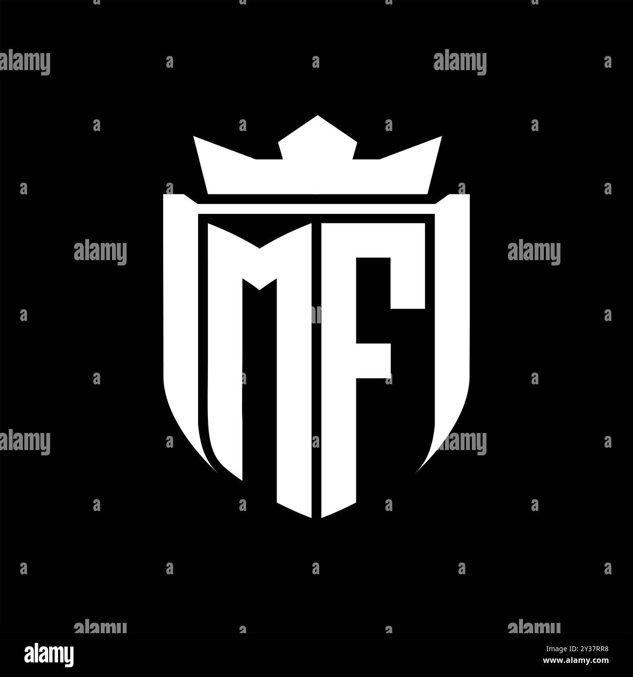 MF Letter logo with shield shape inside shield badge crown on black ...