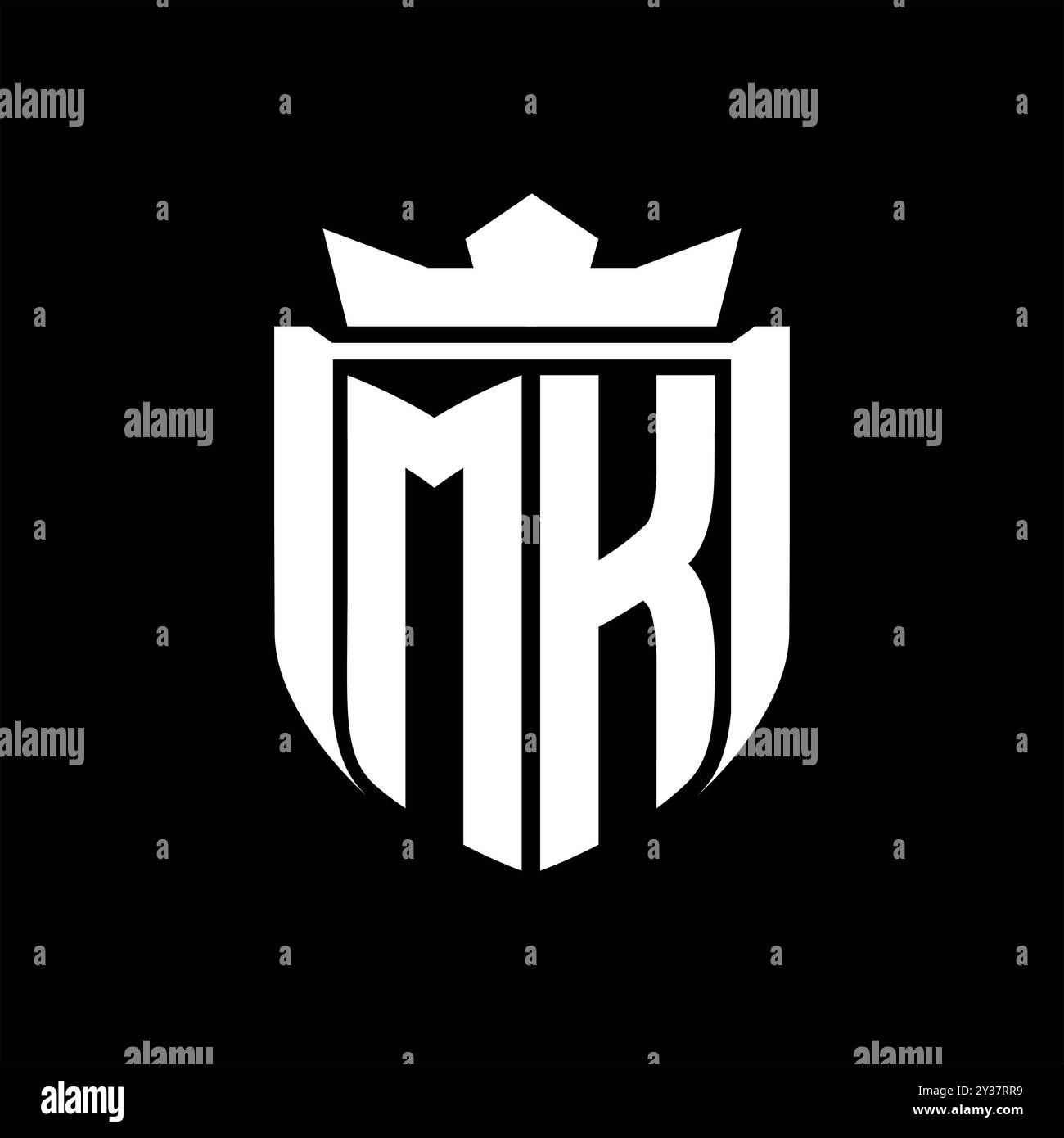 MK Letter logo with shield shape inside shield badge crown on black ...