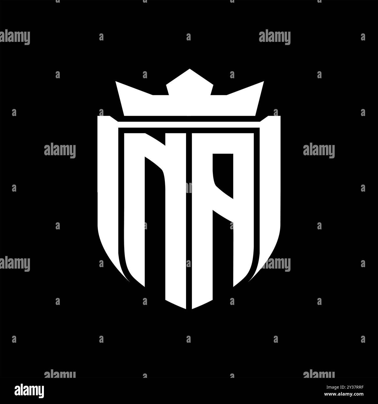 NA Letter logo with shield shape inside shield badge crown on black background template design ...