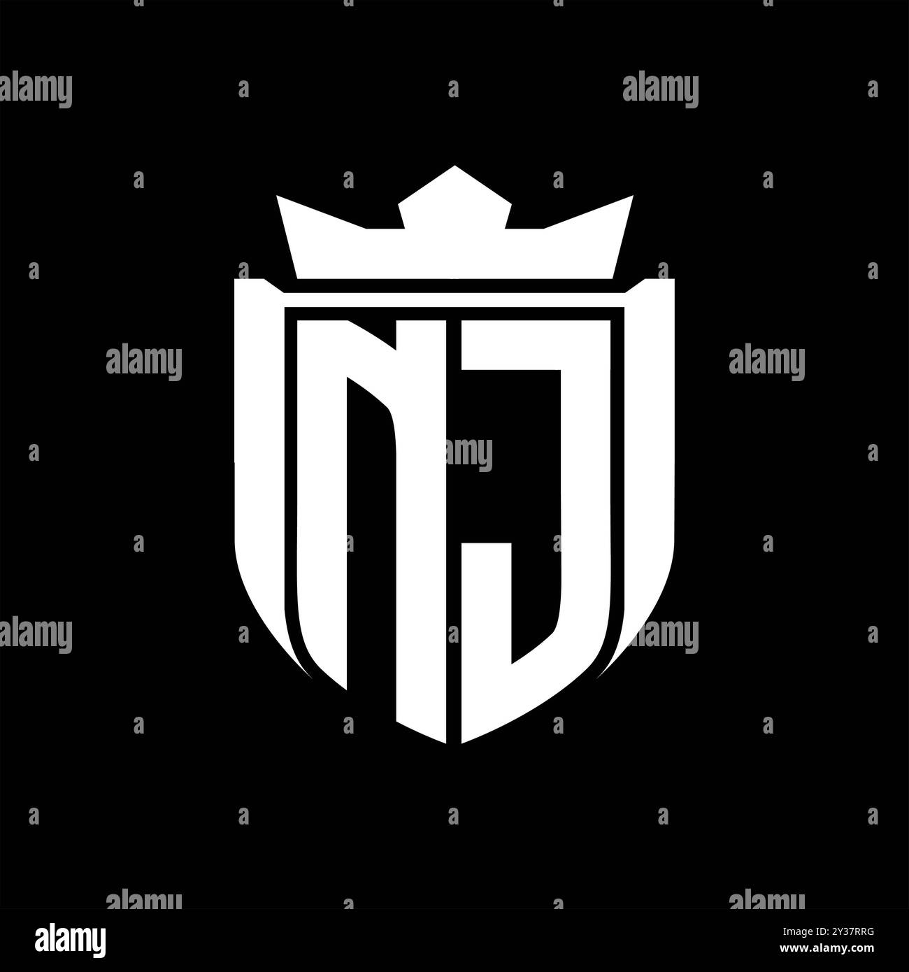 NJ Letter logo with shield shape inside shield badge crown on black ...
