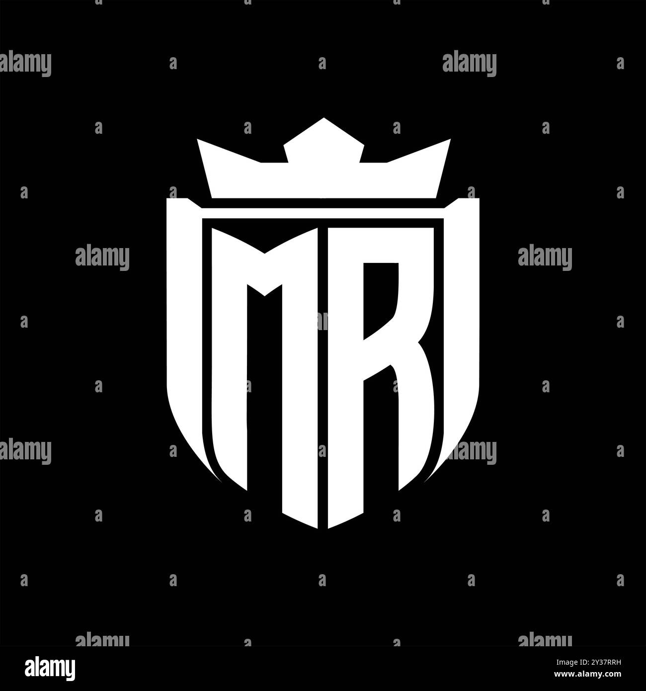 MR Letter logo with shield shape inside shield badge crown on black background template design ...