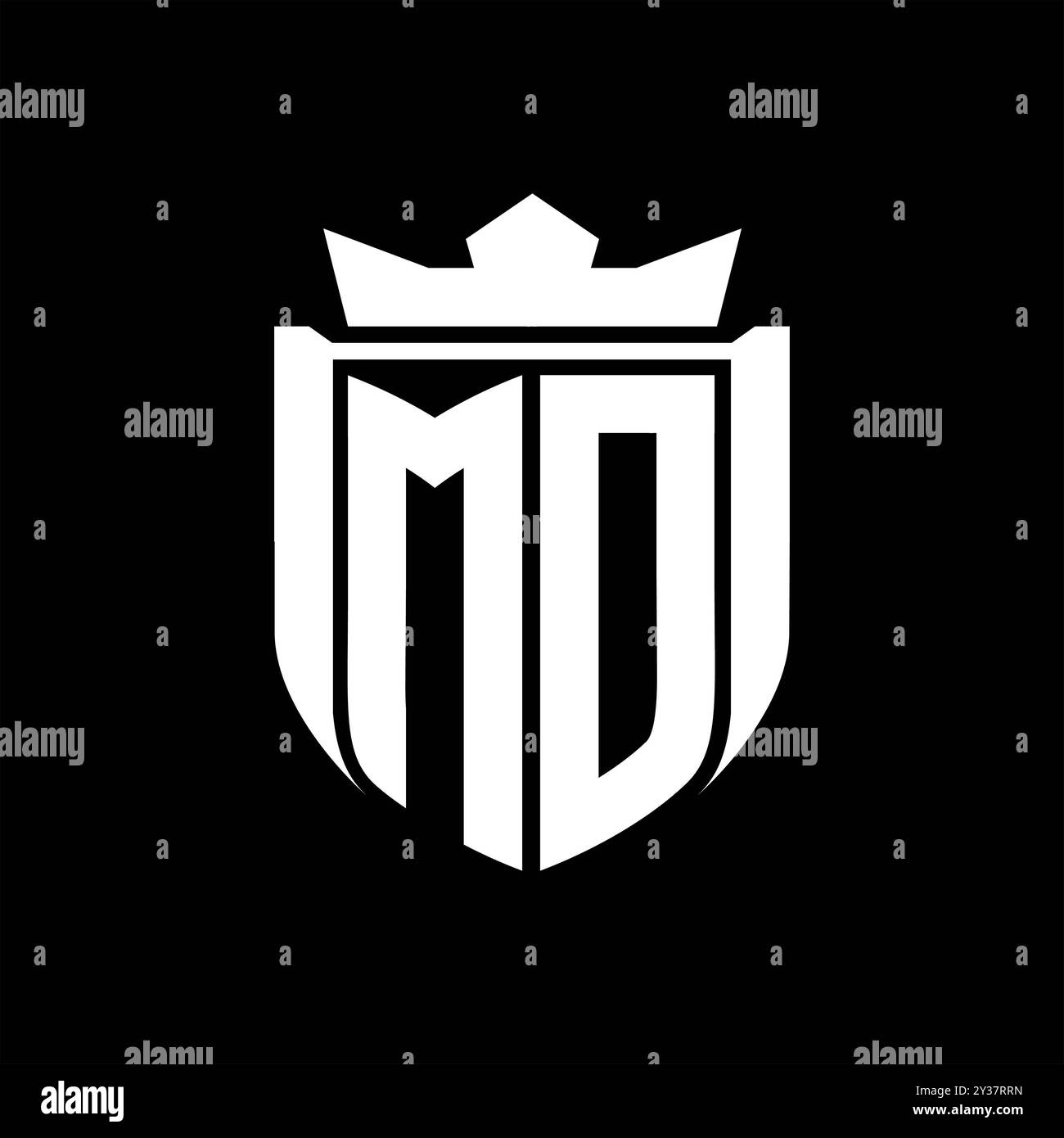 MD Letter logo with shield shape inside shield badge crown on black ...