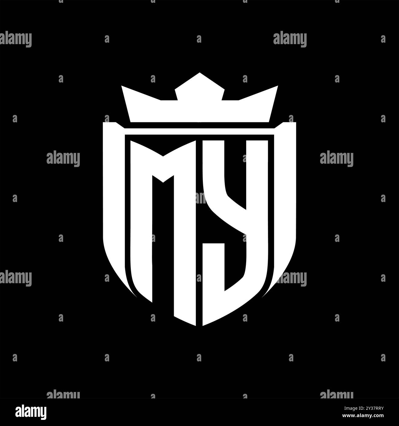 MY Letter logo with shield shape inside shield badge crown on black background template design ...