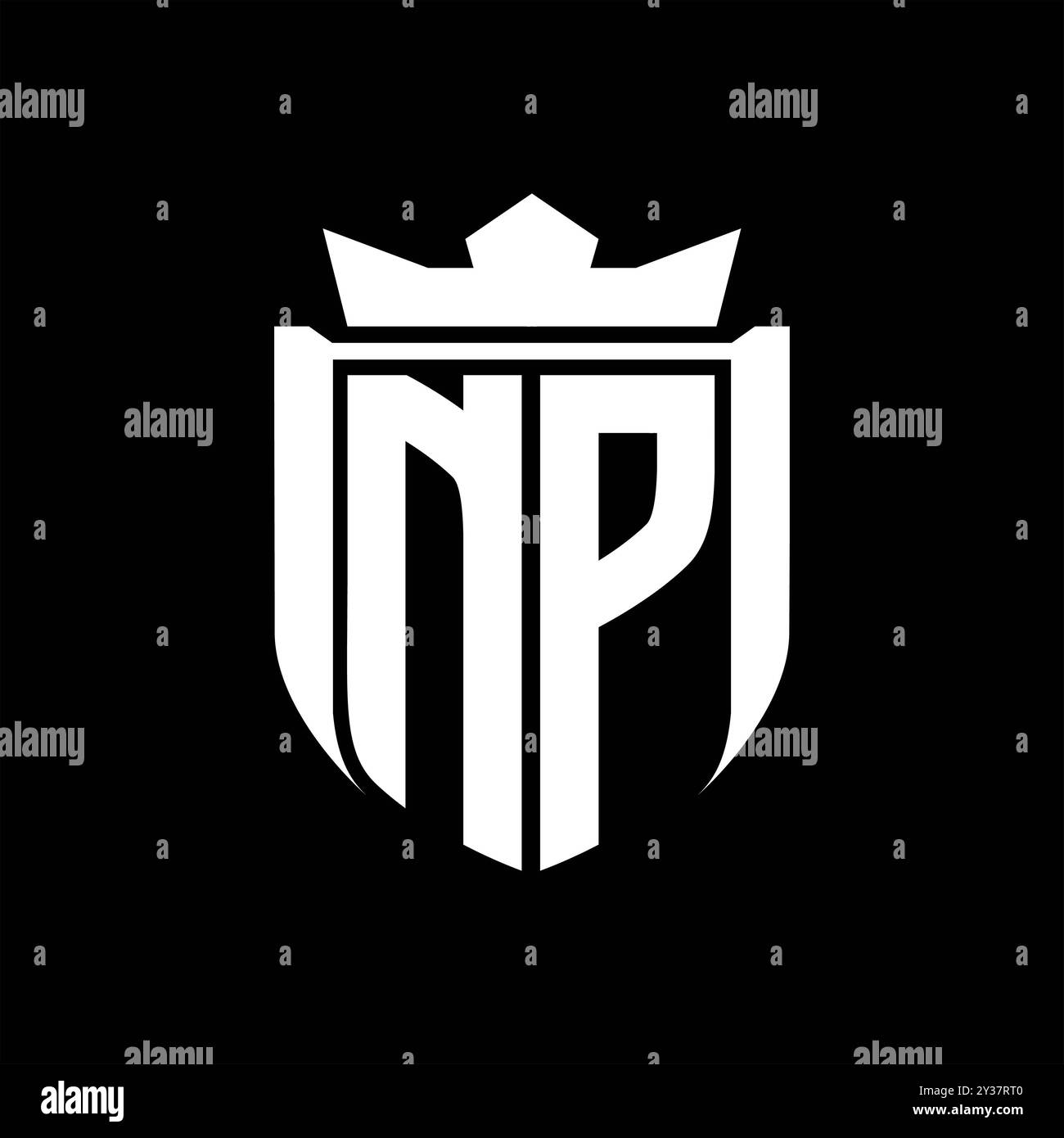 NP Letter logo with shield shape inside shield badge crown on black ...