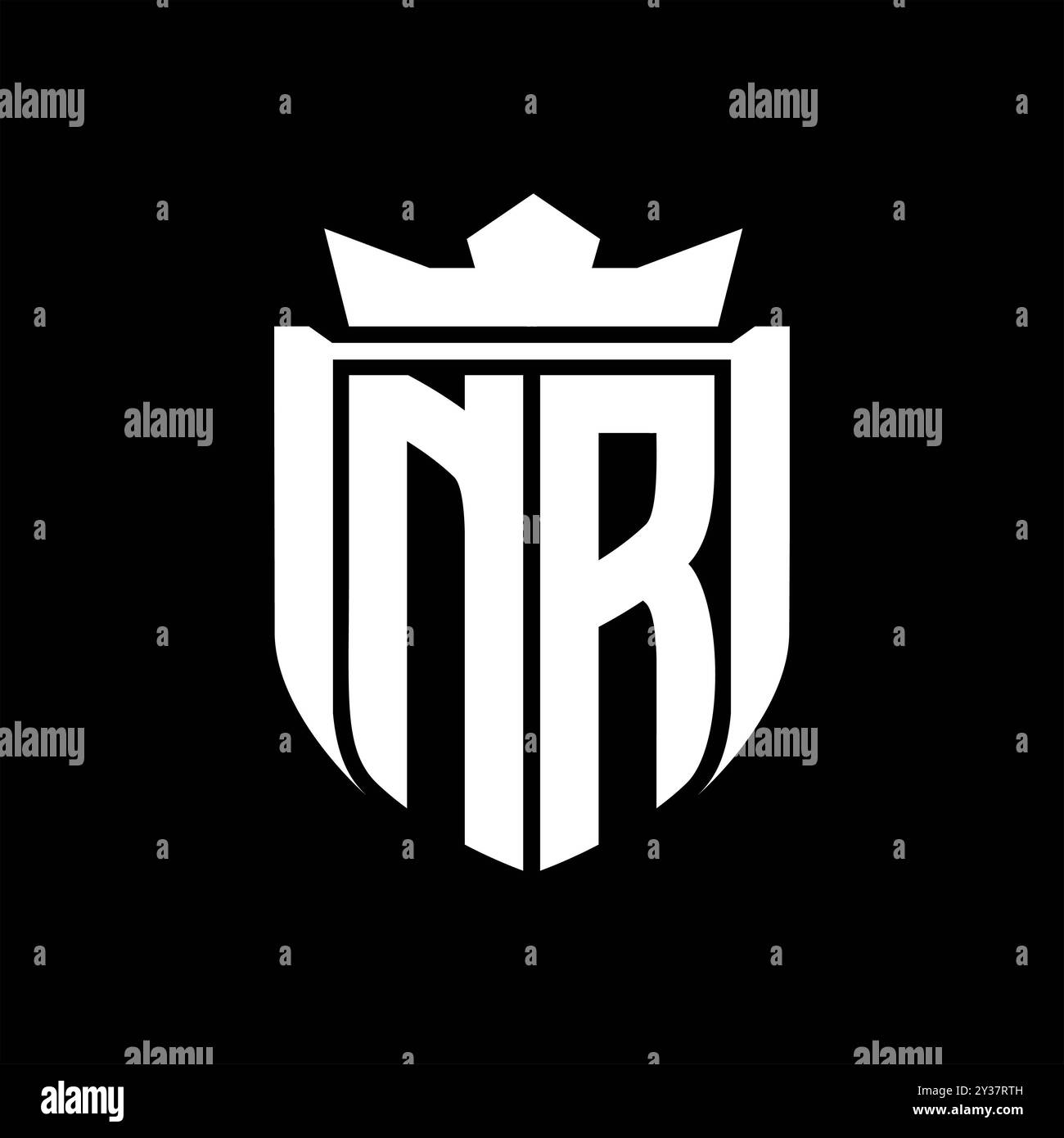 NR Letter logo with shield shape inside shield badge crown on black ...