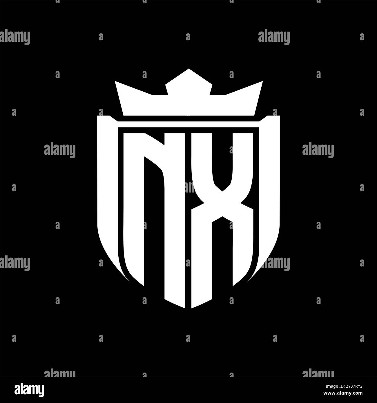 NX Letter logo with shield shape inside shield badge crown on black ...