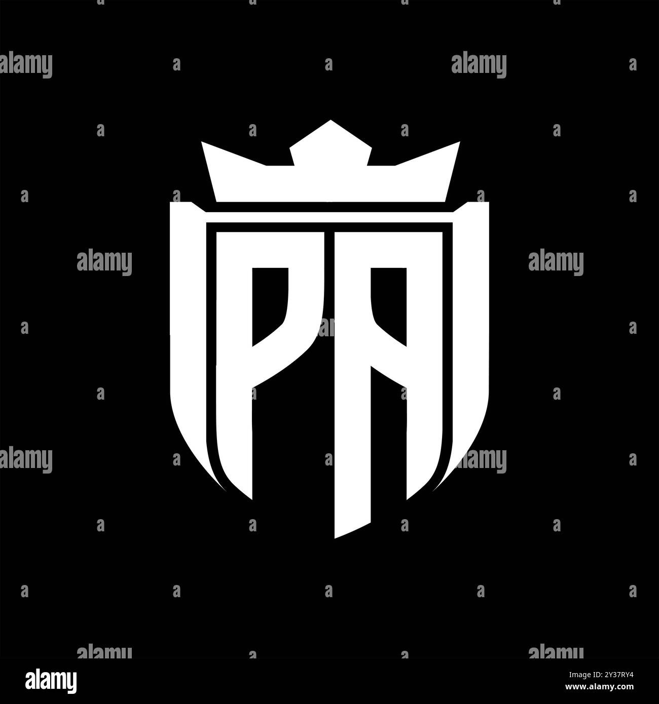 PA Letter logo with shield shape inside shield badge crown on black background template design ...