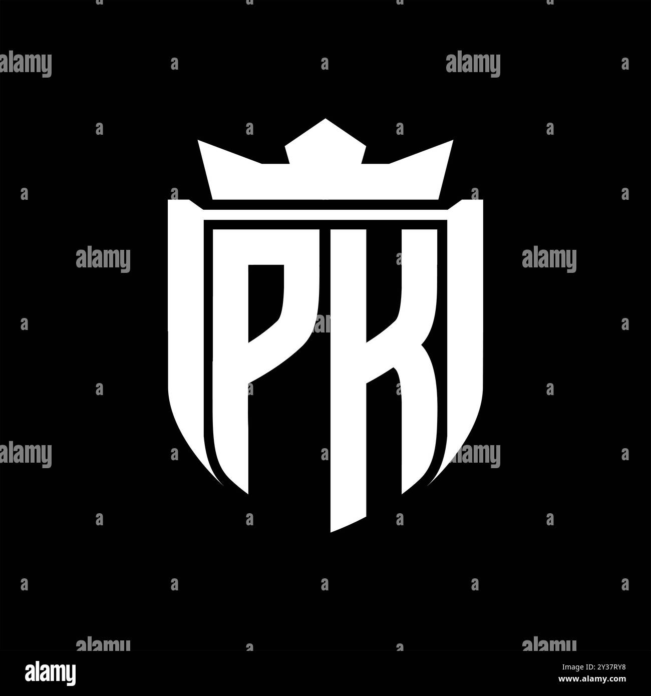 PK Letter logo with shield shape inside shield badge crown on black ...