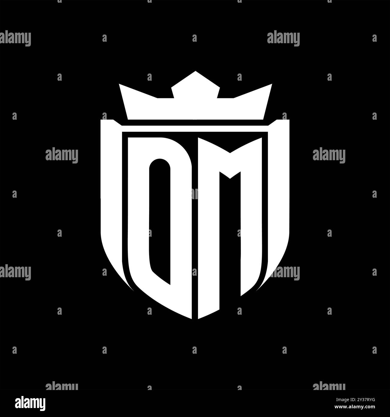 OM Letter logo with shield shape inside shield badge crown on black ...