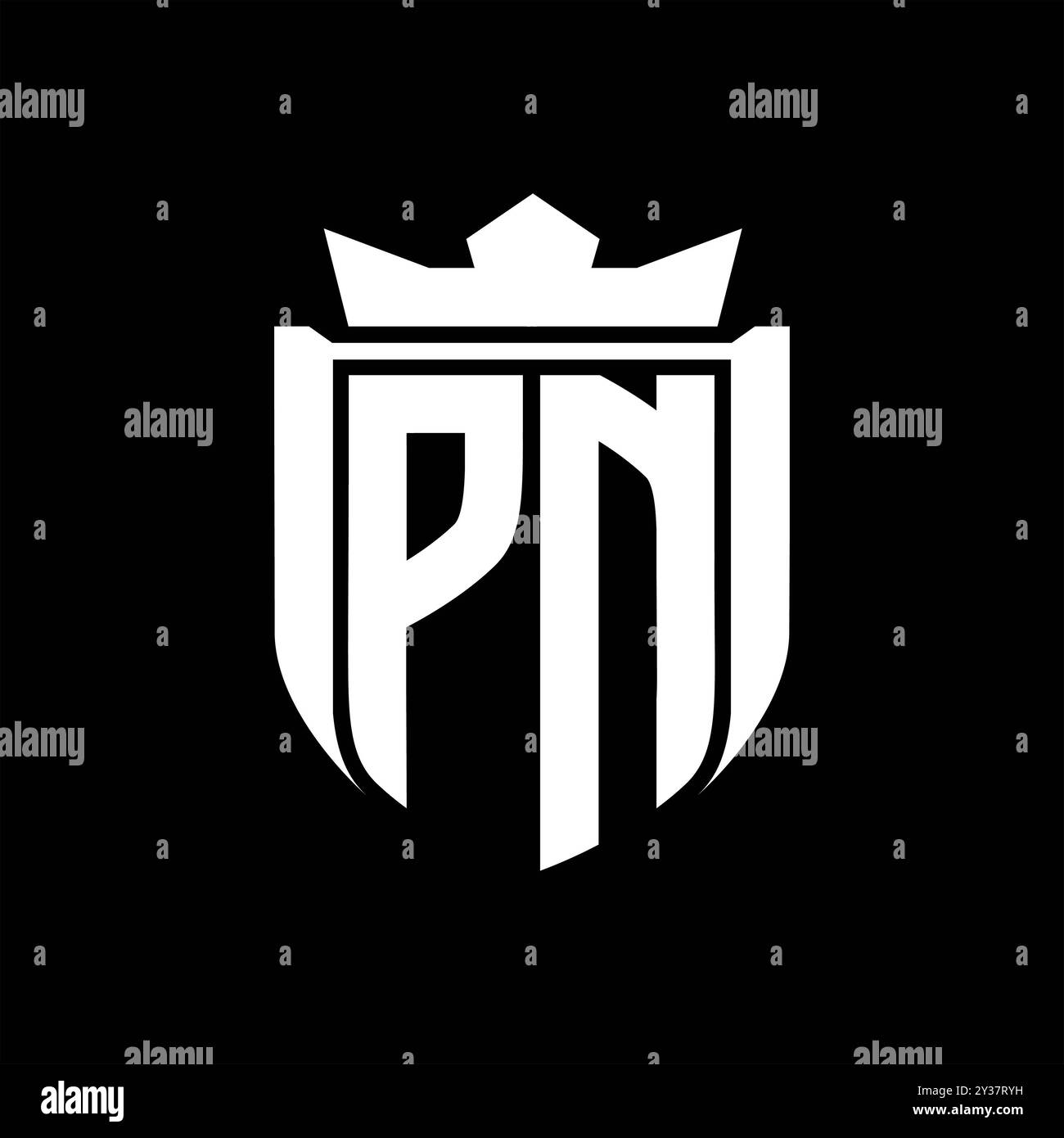 PN Letter logo with shield shape inside shield badge crown on black background template design ...