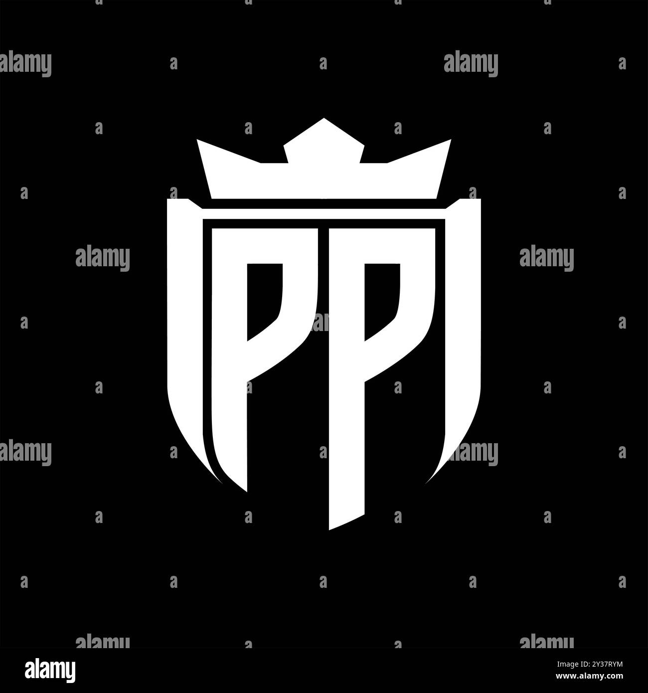 PP Letter logo with shield shape inside shield badge crown on black ...