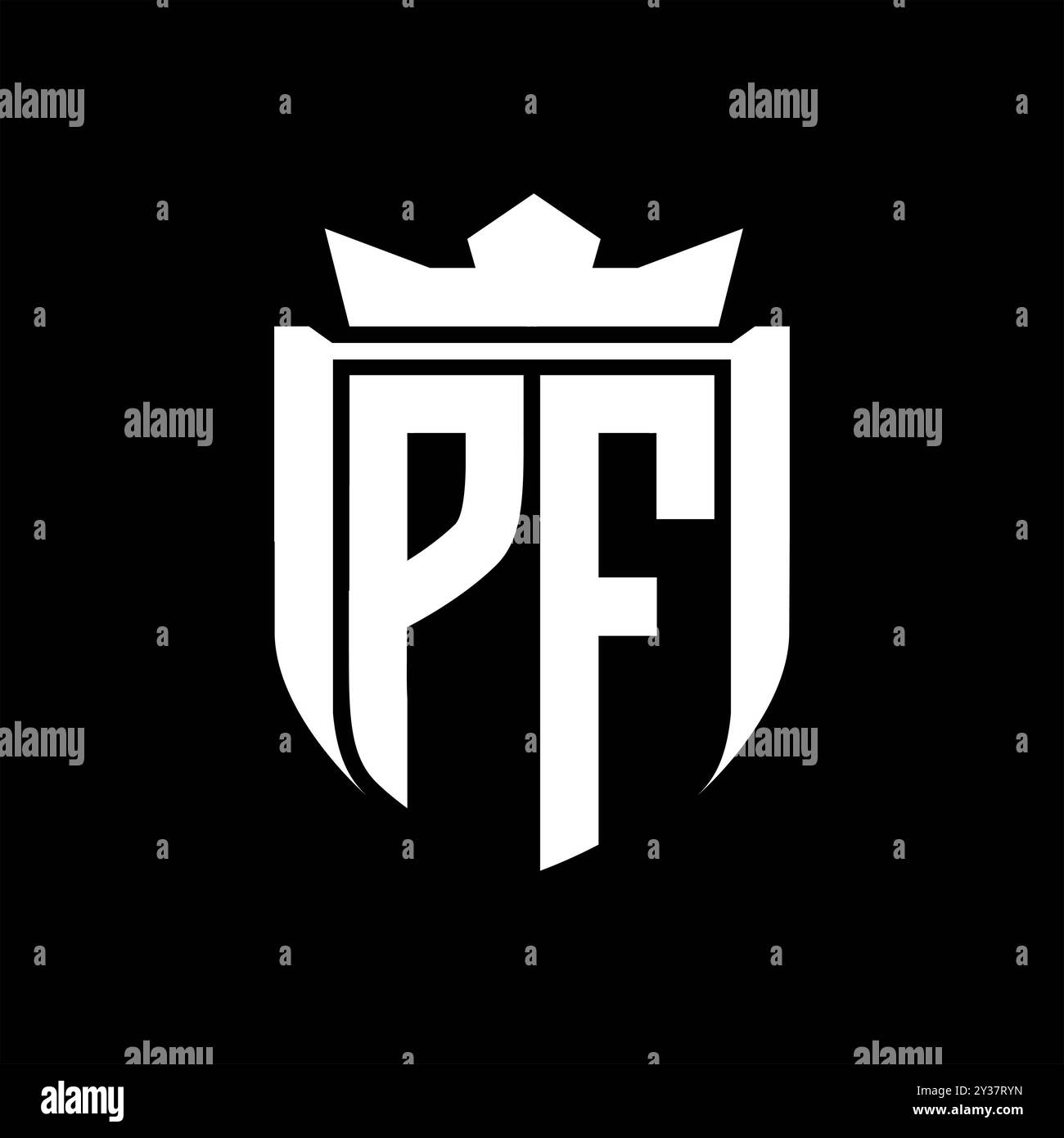 PF Letter logo with shield shape inside shield badge crown on black ...