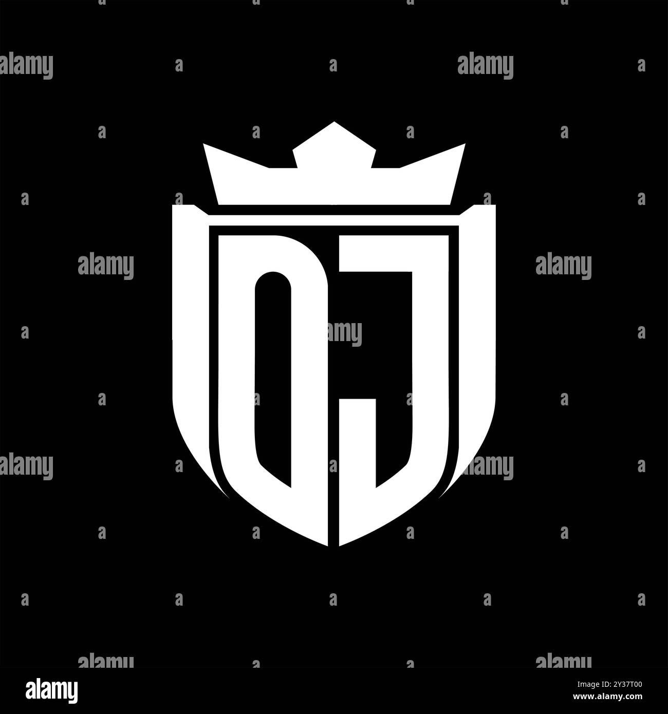OJ Letter logo with shield shape inside shield badge crown on black background template design ...