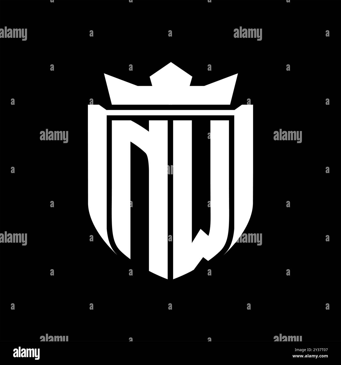 NW Letter logo with shield shape inside shield badge crown on black ...