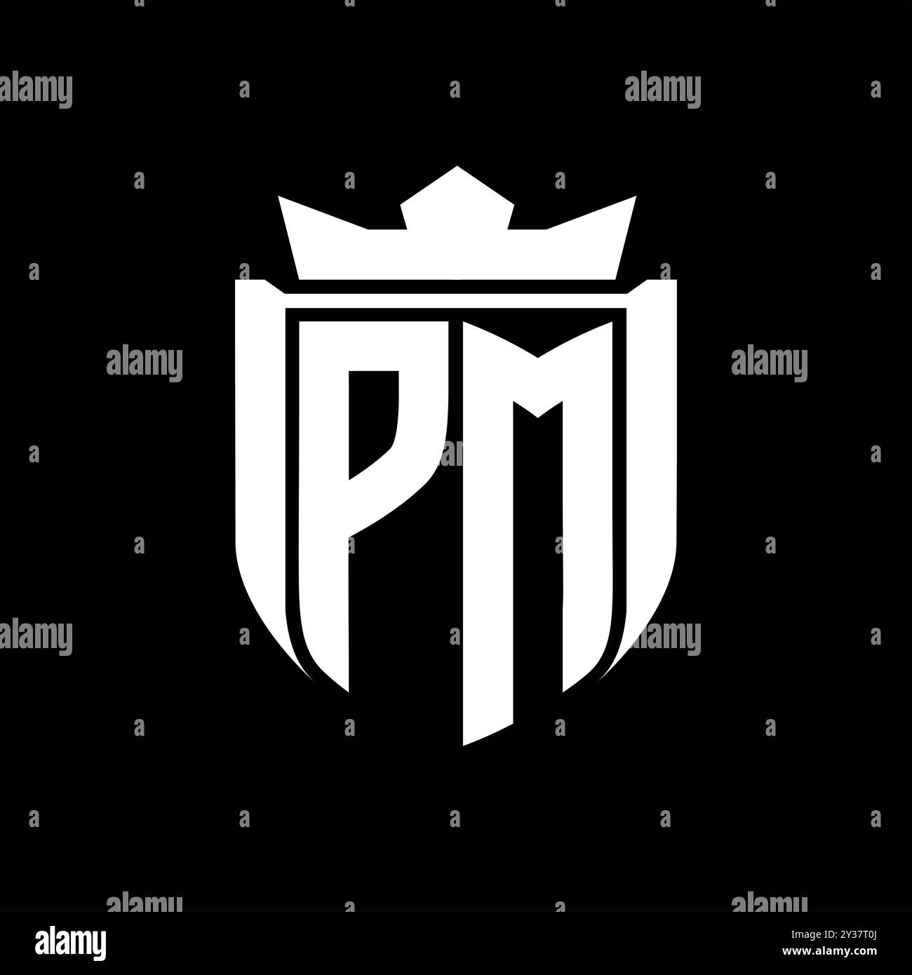 PM Letter logo with shield shape inside shield badge crown on black ...