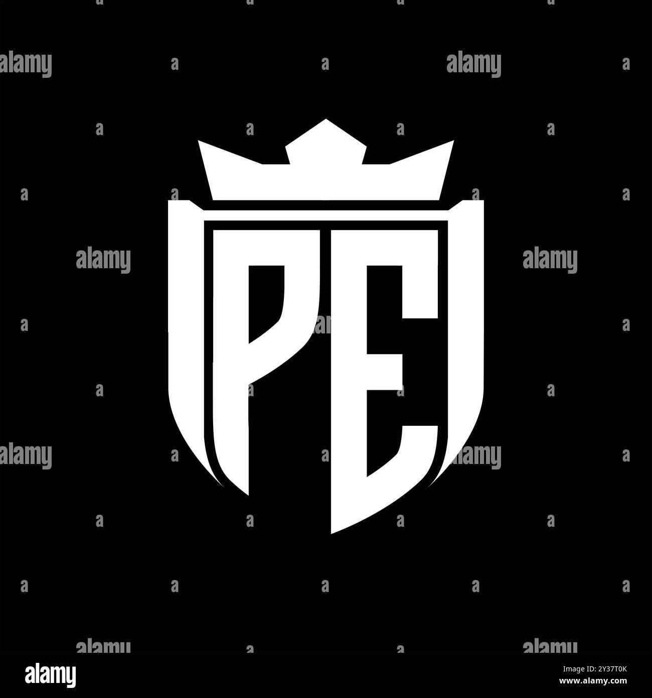 PE Letter logo with shield shape inside shield badge crown on black ...