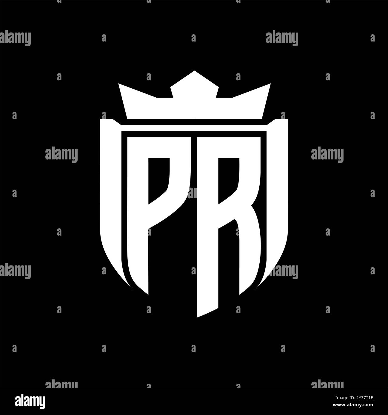 PR Letter logo with shield shape inside shield badge crown on black background template design ...