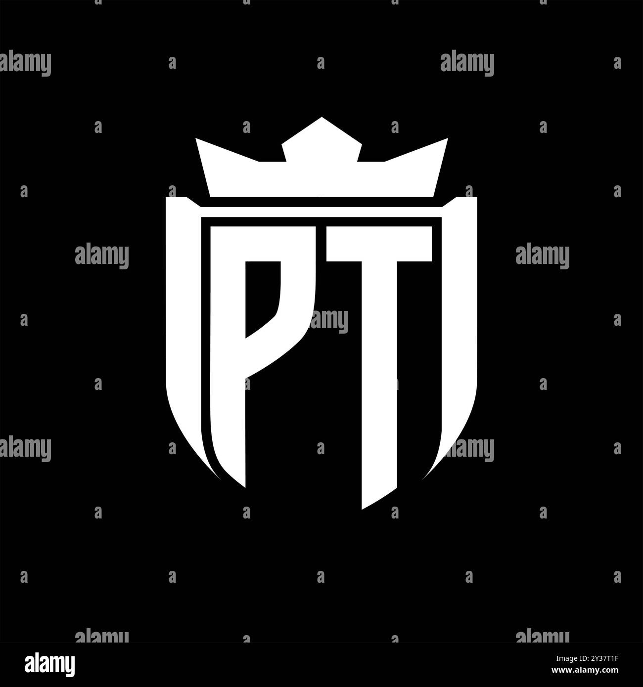 PT Letter logo with shield shape inside shield badge crown on black ...