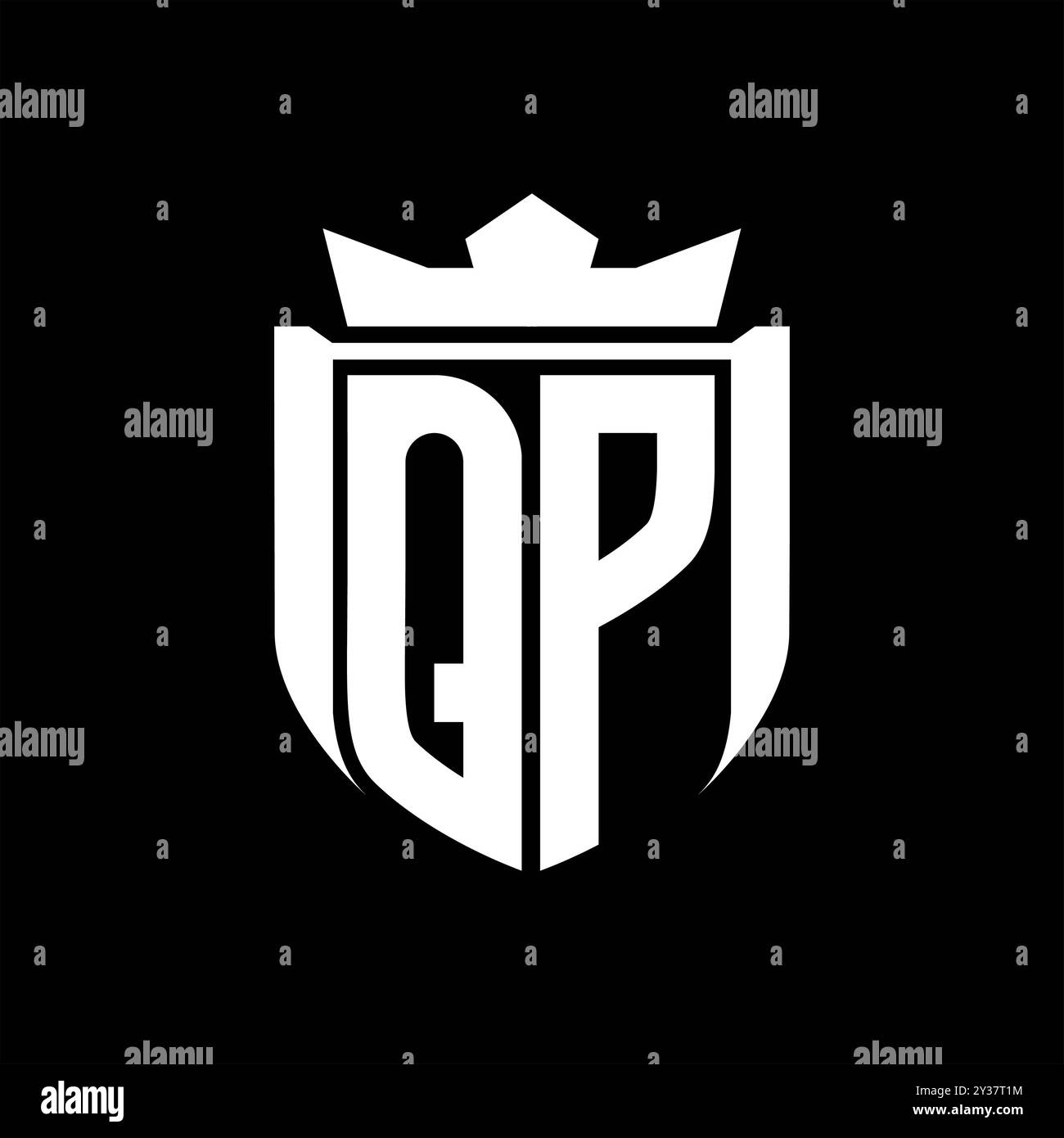 QP Letter logo with shield shape inside shield badge crown on black ...