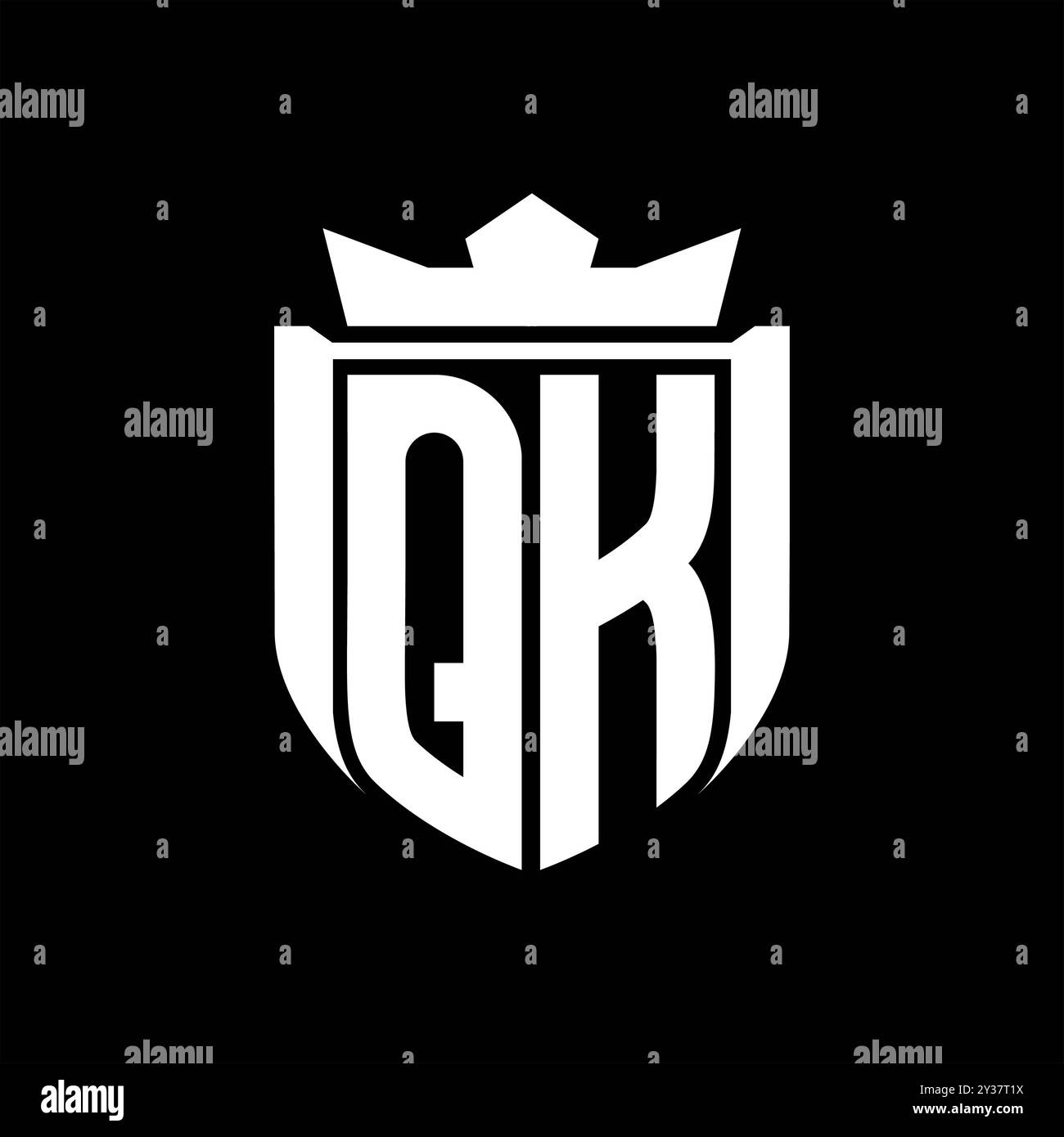 QK Letter logo with shield shape inside shield badge crown on black ...