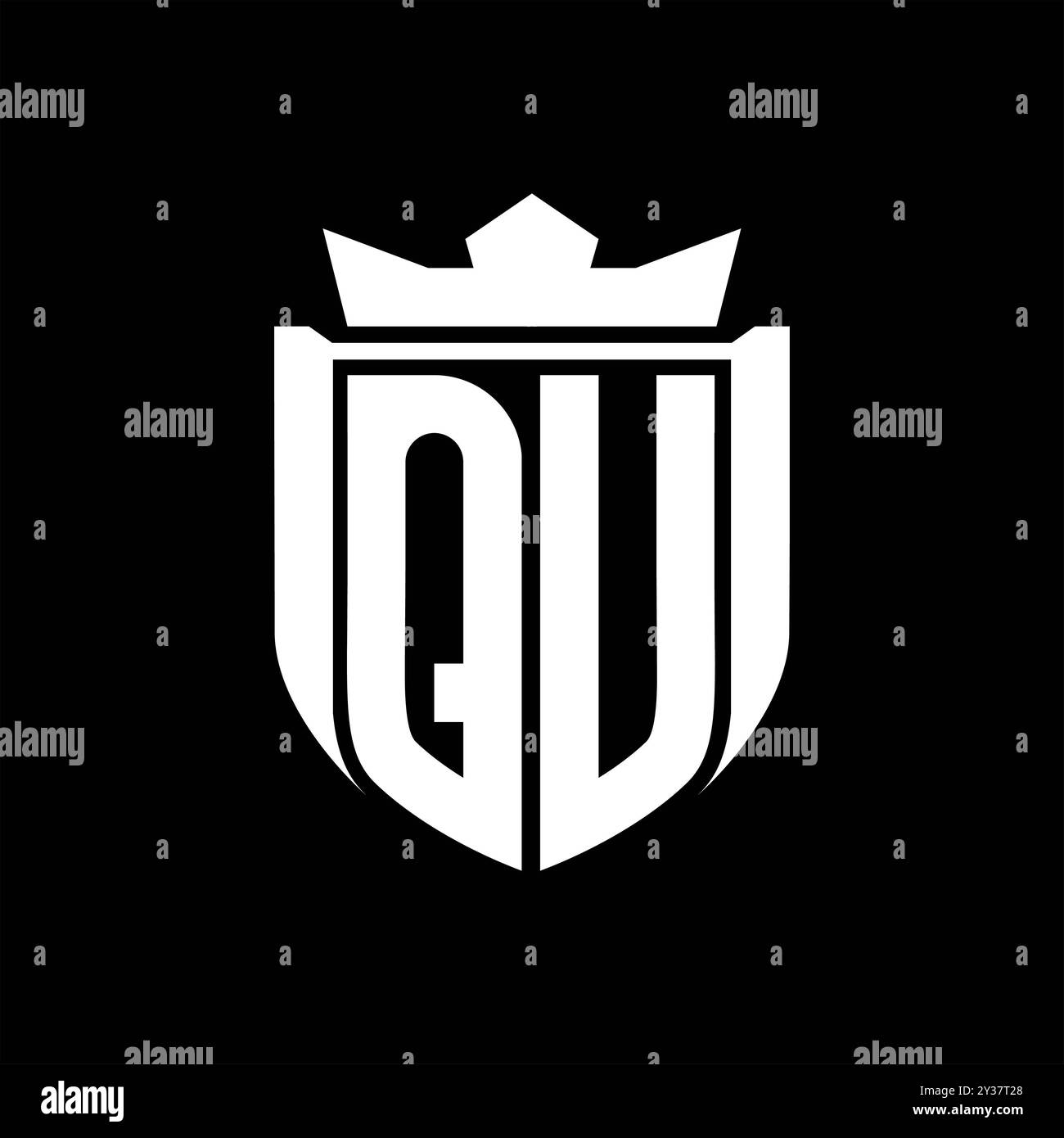 QU Letter logo with shield shape inside shield badge crown on black ...