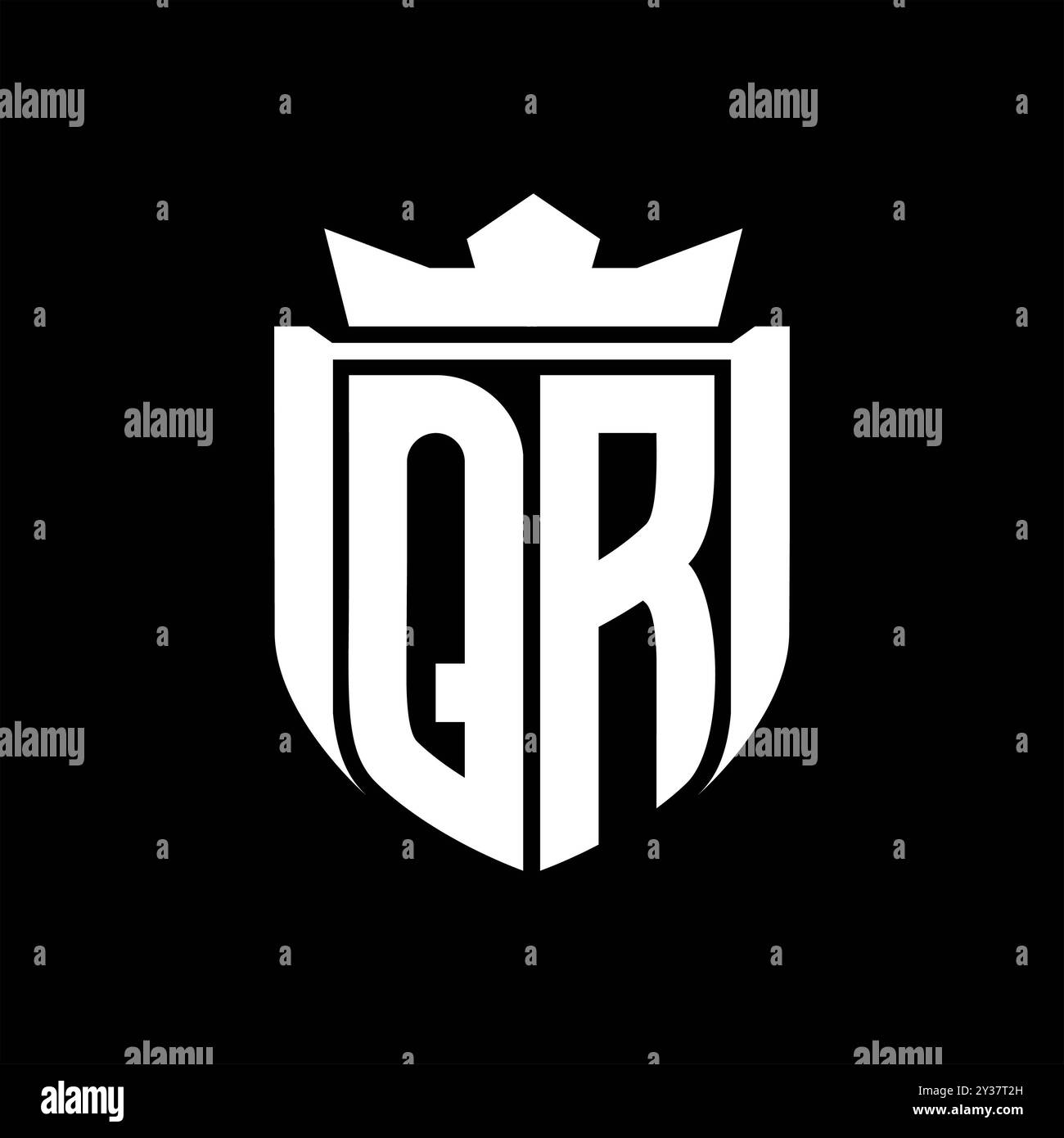QR Letter logo with shield shape inside shield badge crown on black ...