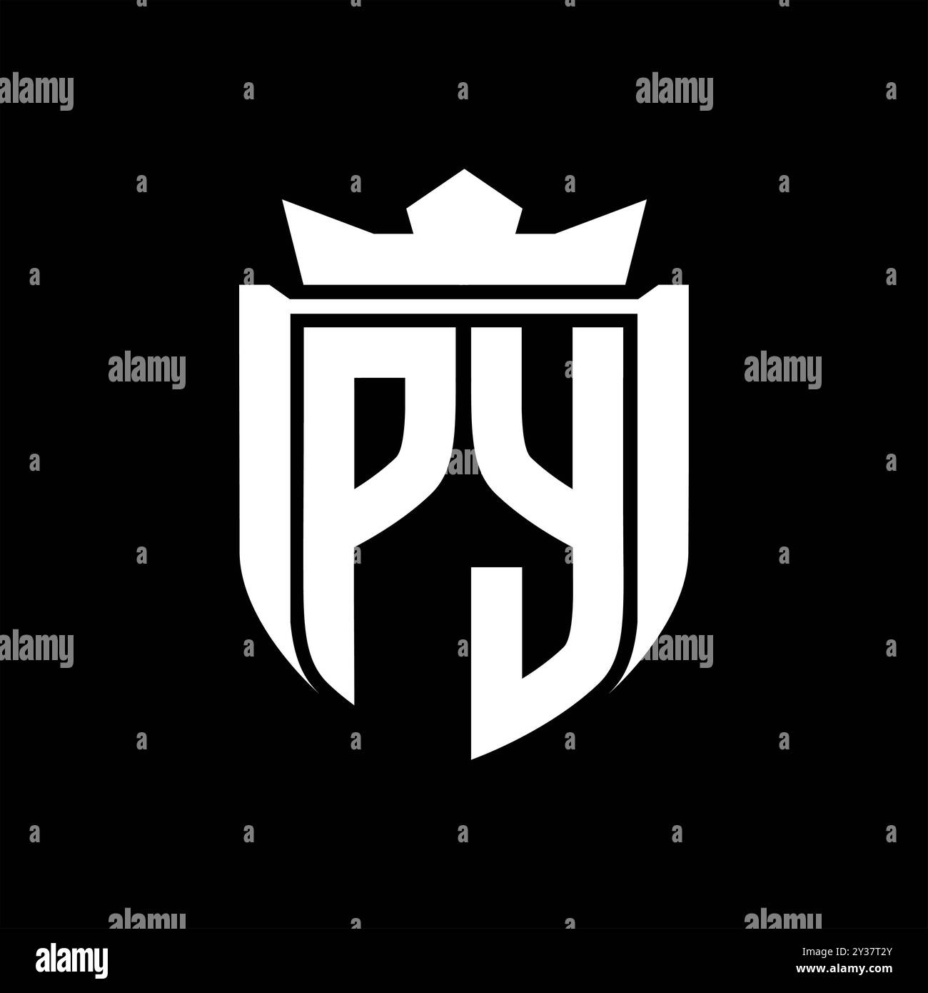 PY Letter logo with shield shape inside shield badge crown on black ...