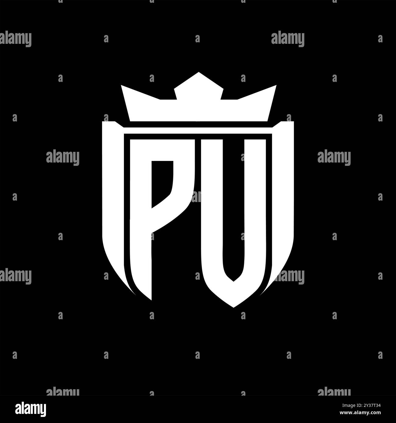 PV Letter logo with shield shape inside shield badge crown on black ...