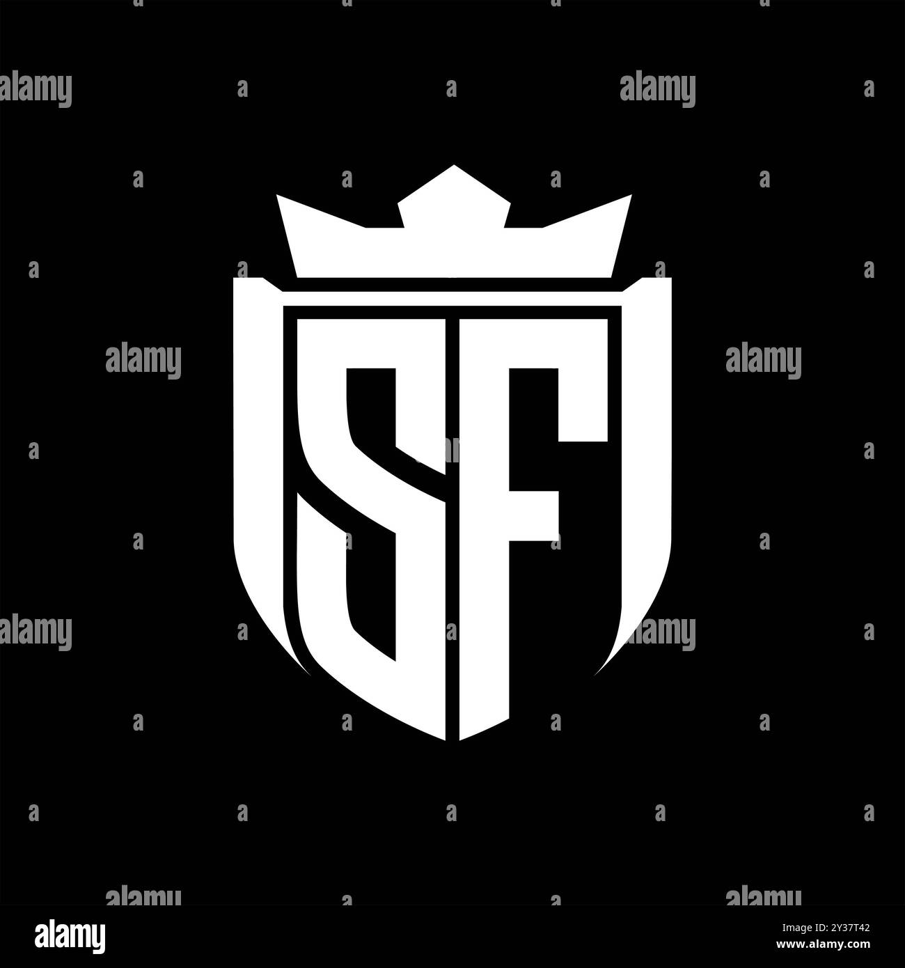 SF Letter logo with shield shape inside shield badge crown on black ...