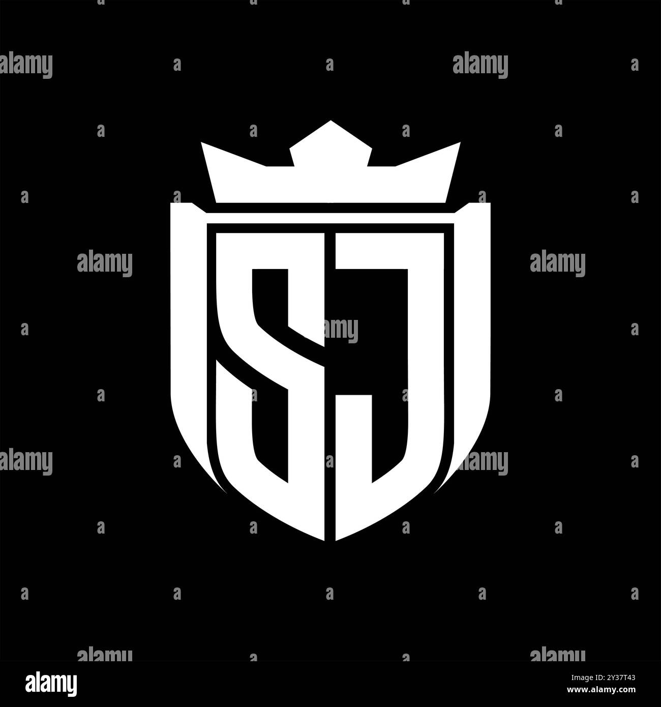 SJ Letter logo with shield shape inside shield badge crown on black ...