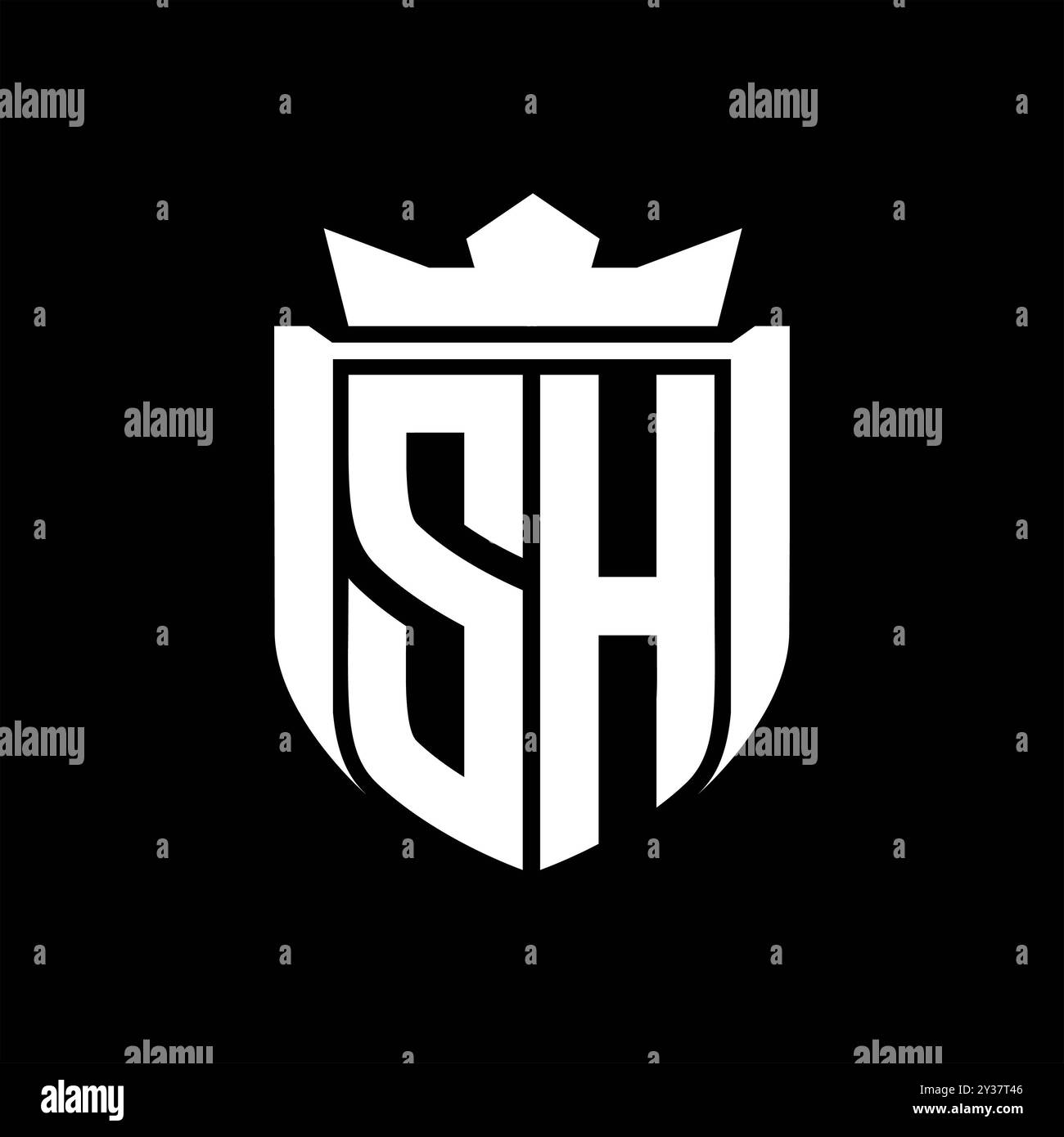 SH Letter logo with shield shape inside shield badge crown on black ...