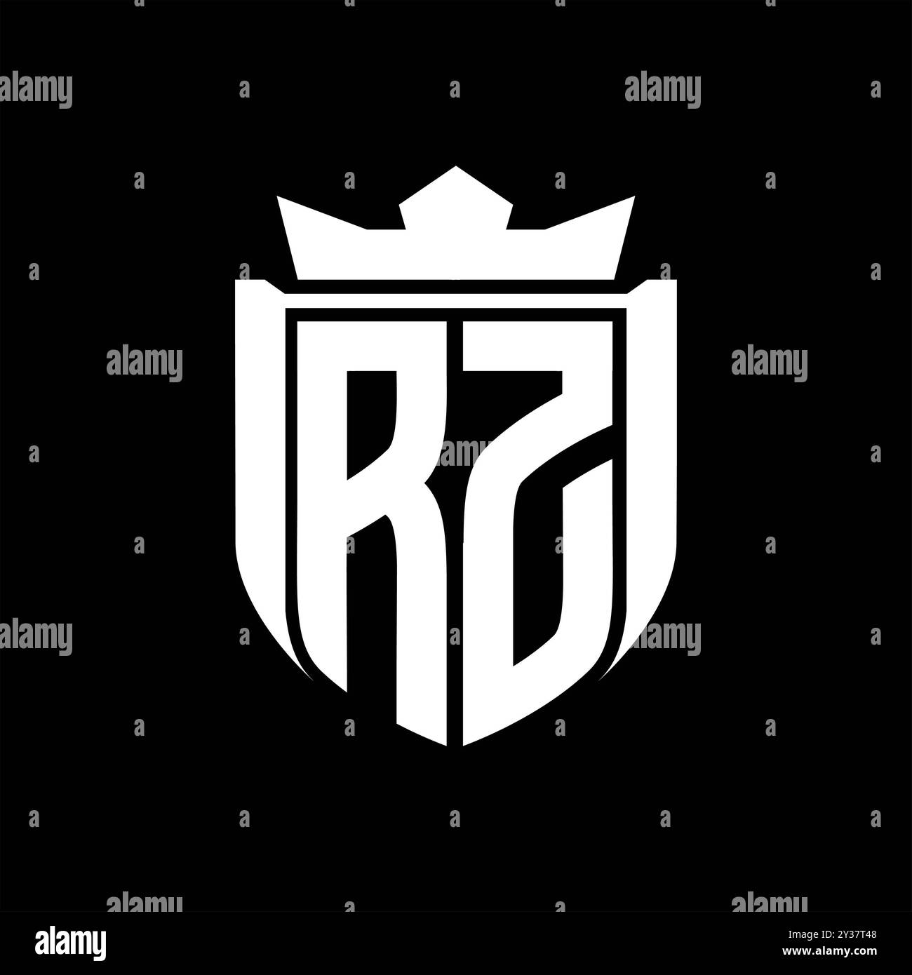 RZ Letter logo with shield shape inside shield badge crown on black ...