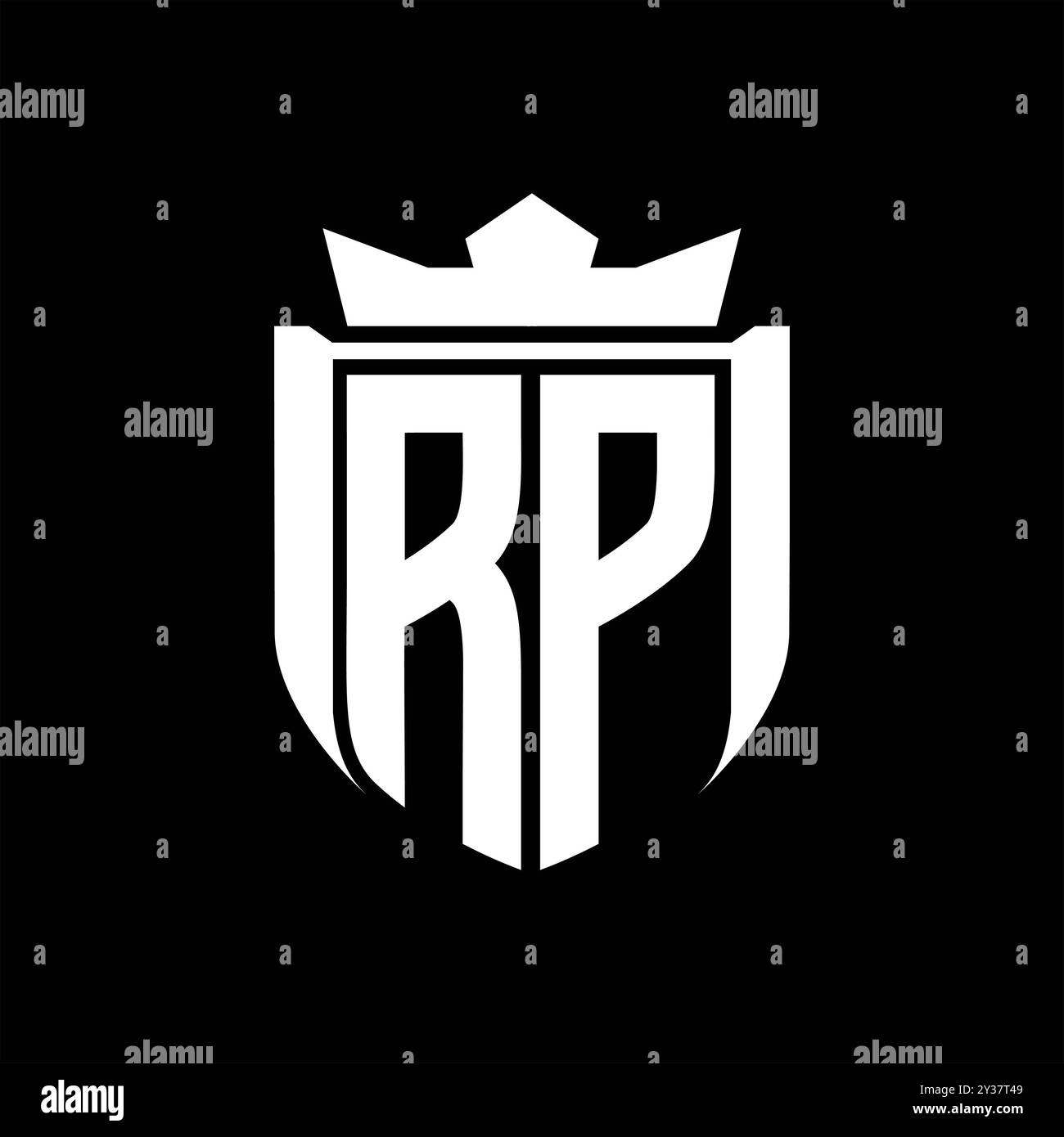 RP Letter logo with shield shape inside shield badge crown on black background template design ...