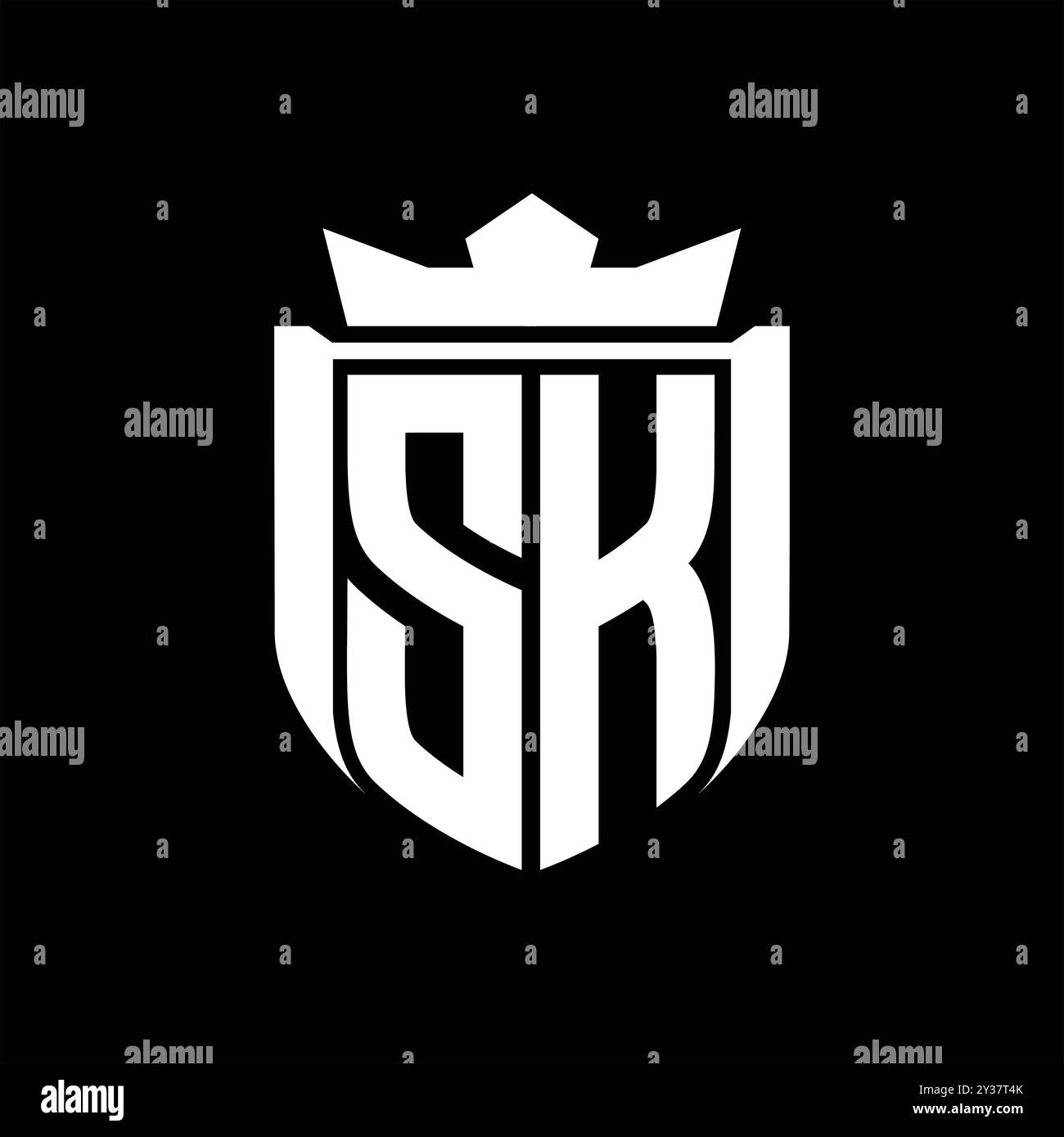 SK Letter logo with shield shape inside shield badge crown on black ...