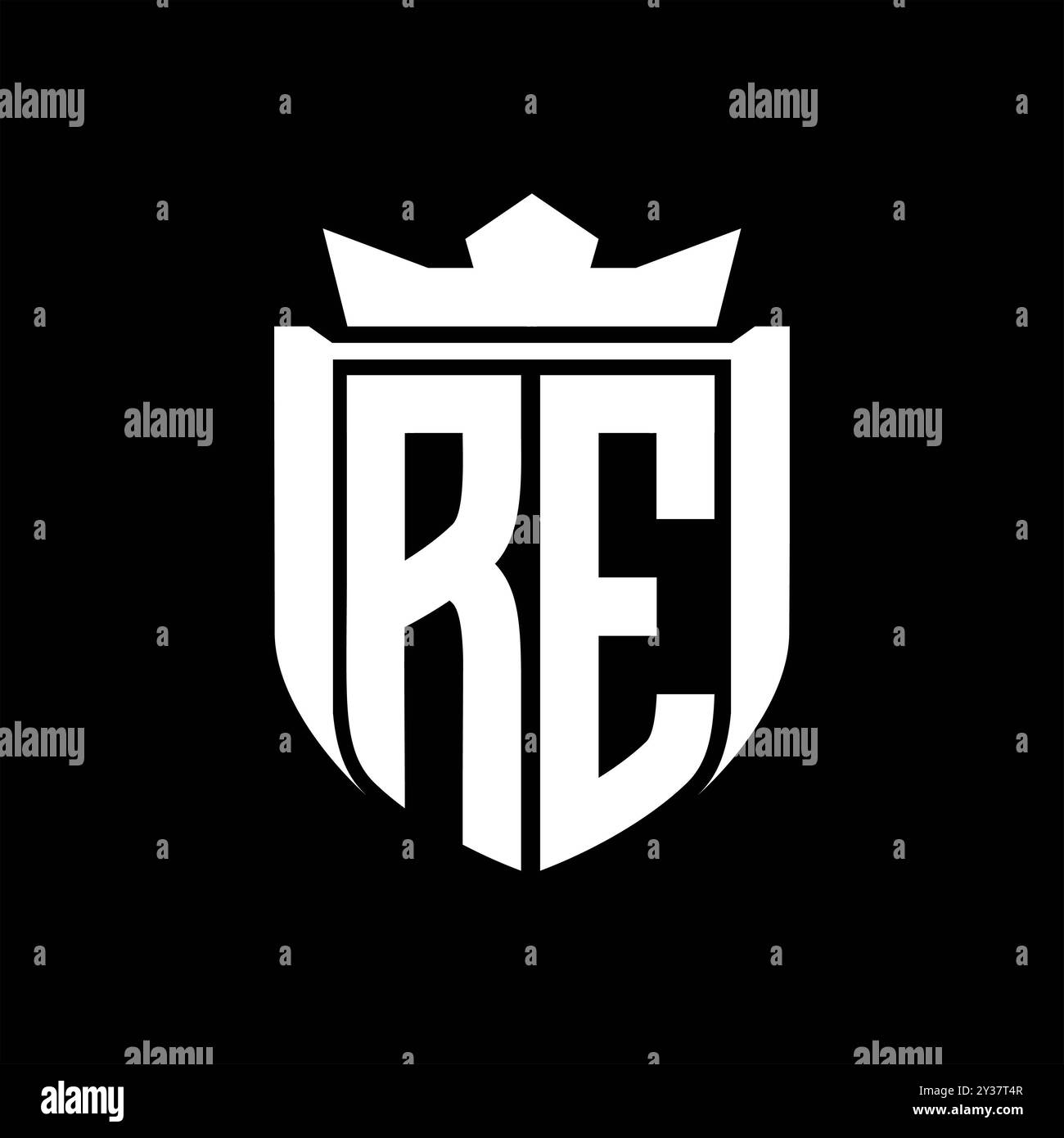 RE Letter logo with shield shape inside shield badge crown on black ...