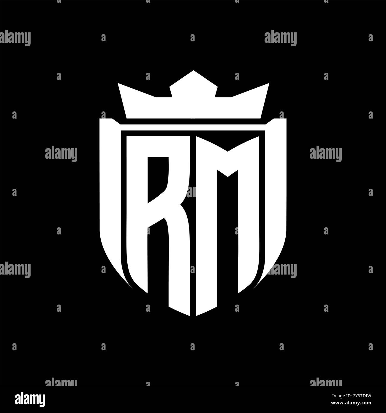 RM Letter logo with shield shape inside shield badge crown on black ...