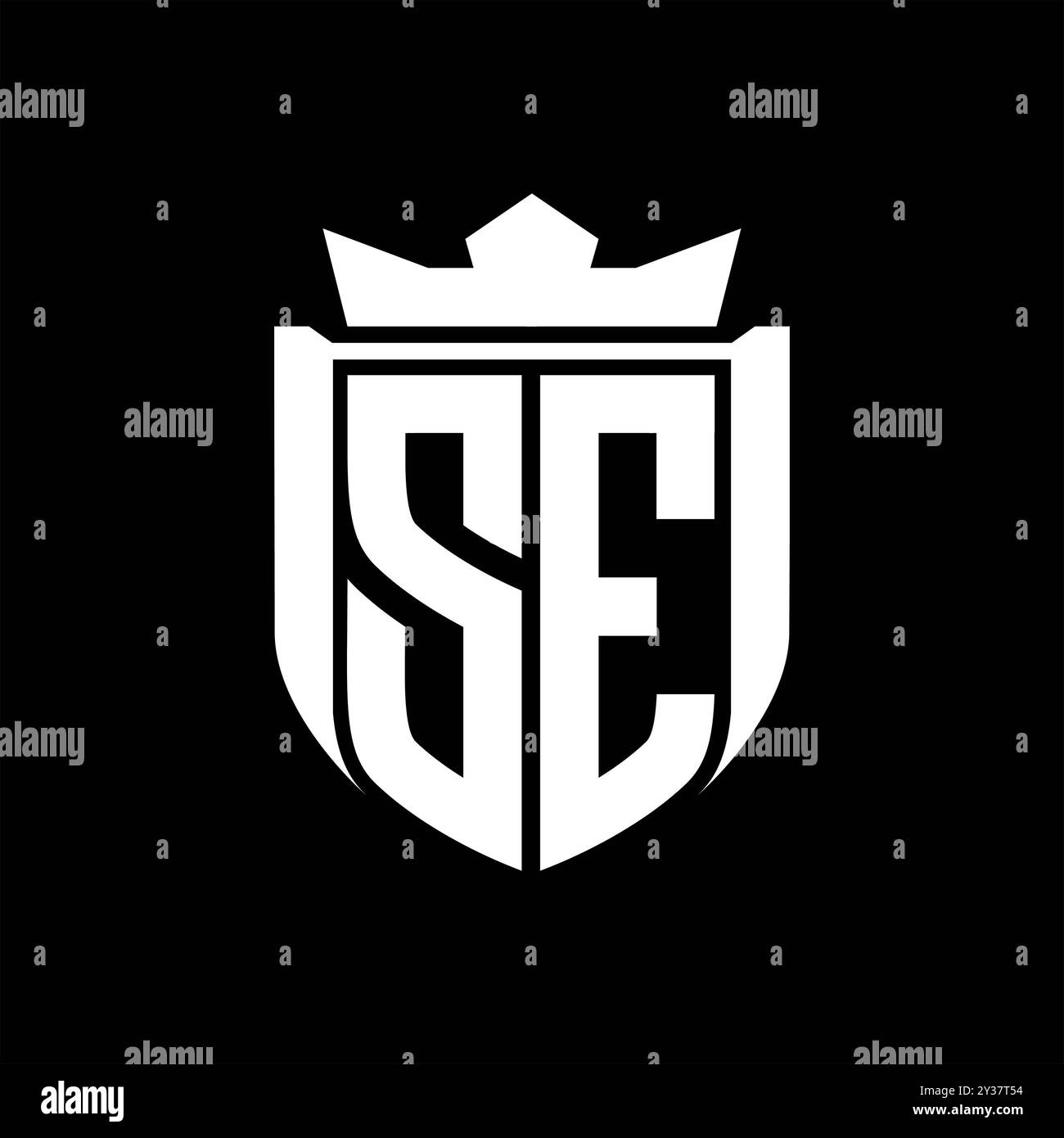 SE Letter logo with shield shape inside shield badge crown on black ...