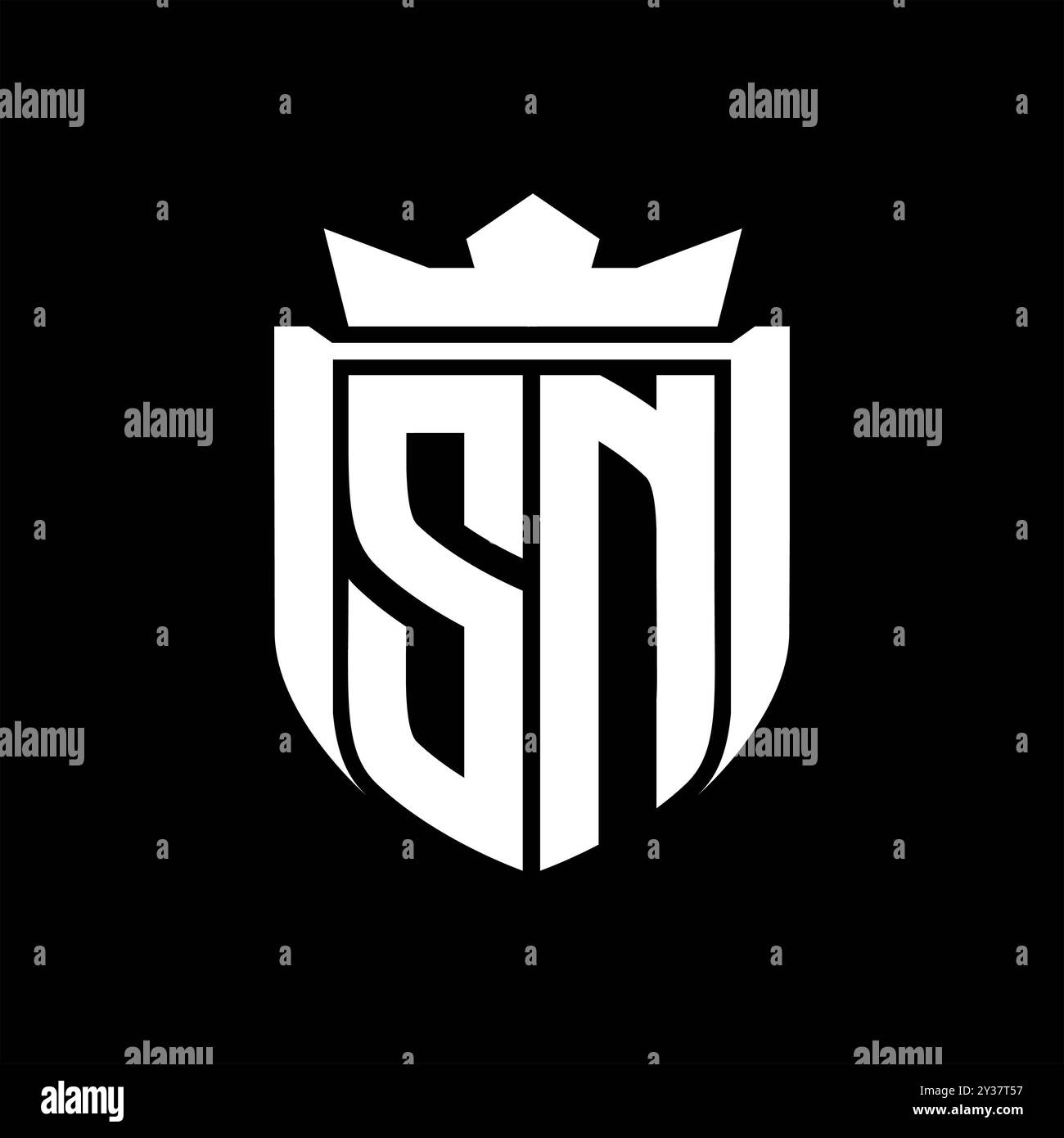 SN Letter logo with shield shape inside shield badge crown on black ...