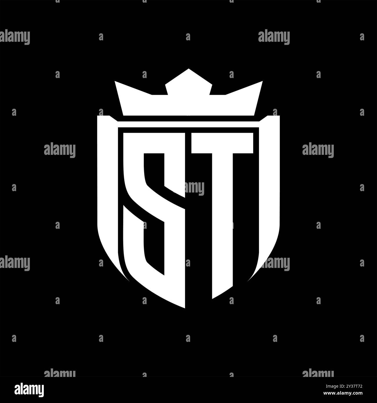 ST Letter logo with shield shape inside shield badge crown on black ...