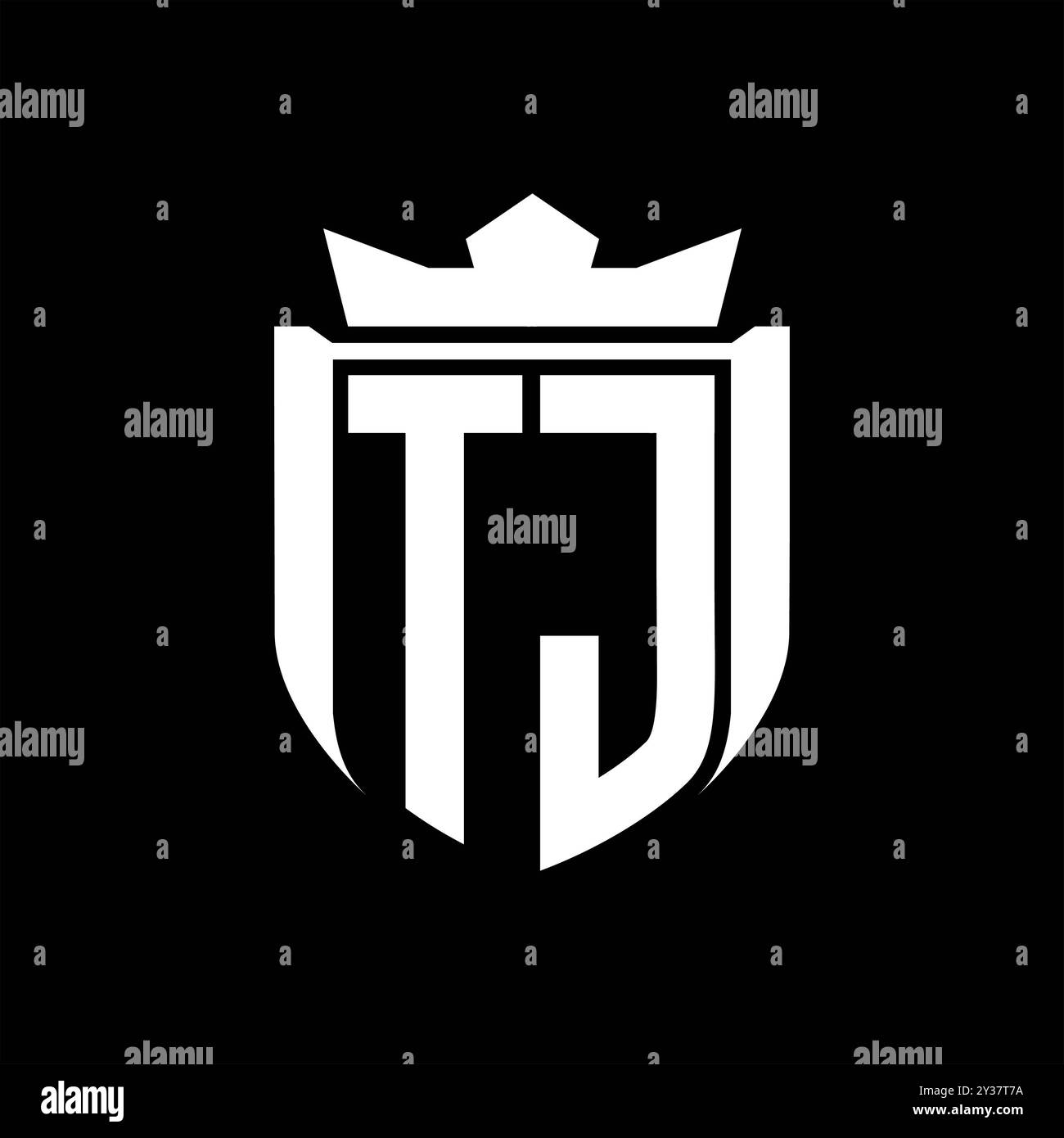 TJ Letter logo with shield shape inside shield badge crown on black background template design ...
