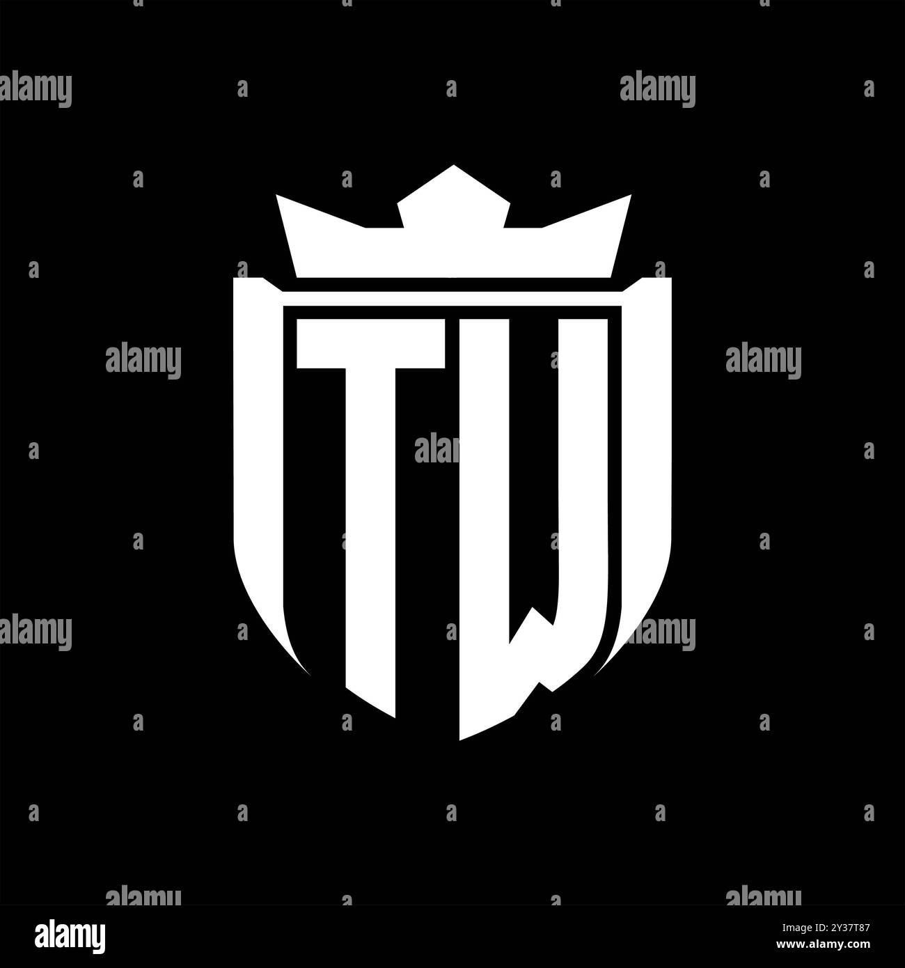 TW Letter logo with shield shape inside shield badge crown on black ...