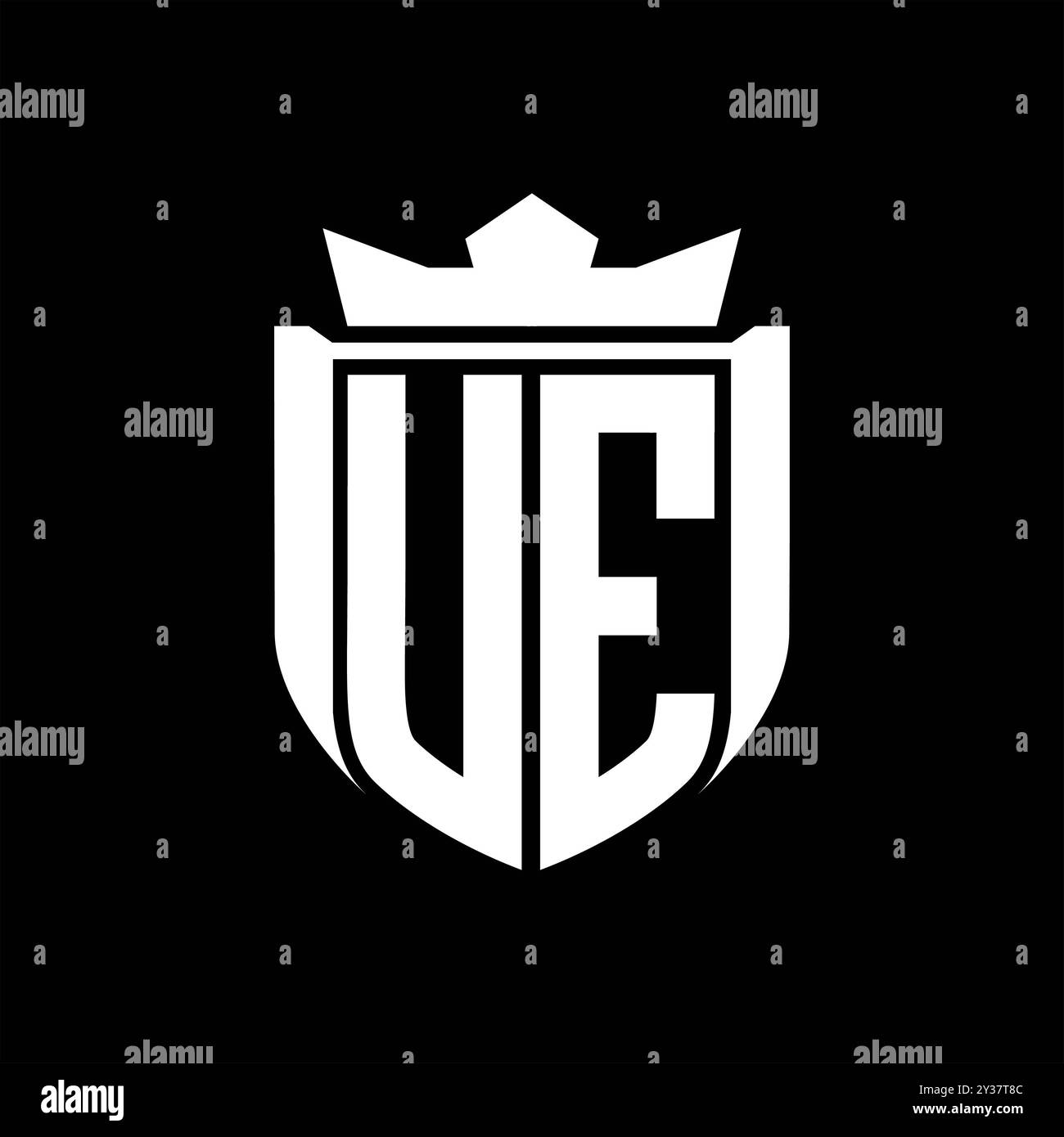 UE Letter logo with shield shape inside shield badge crown on black ...