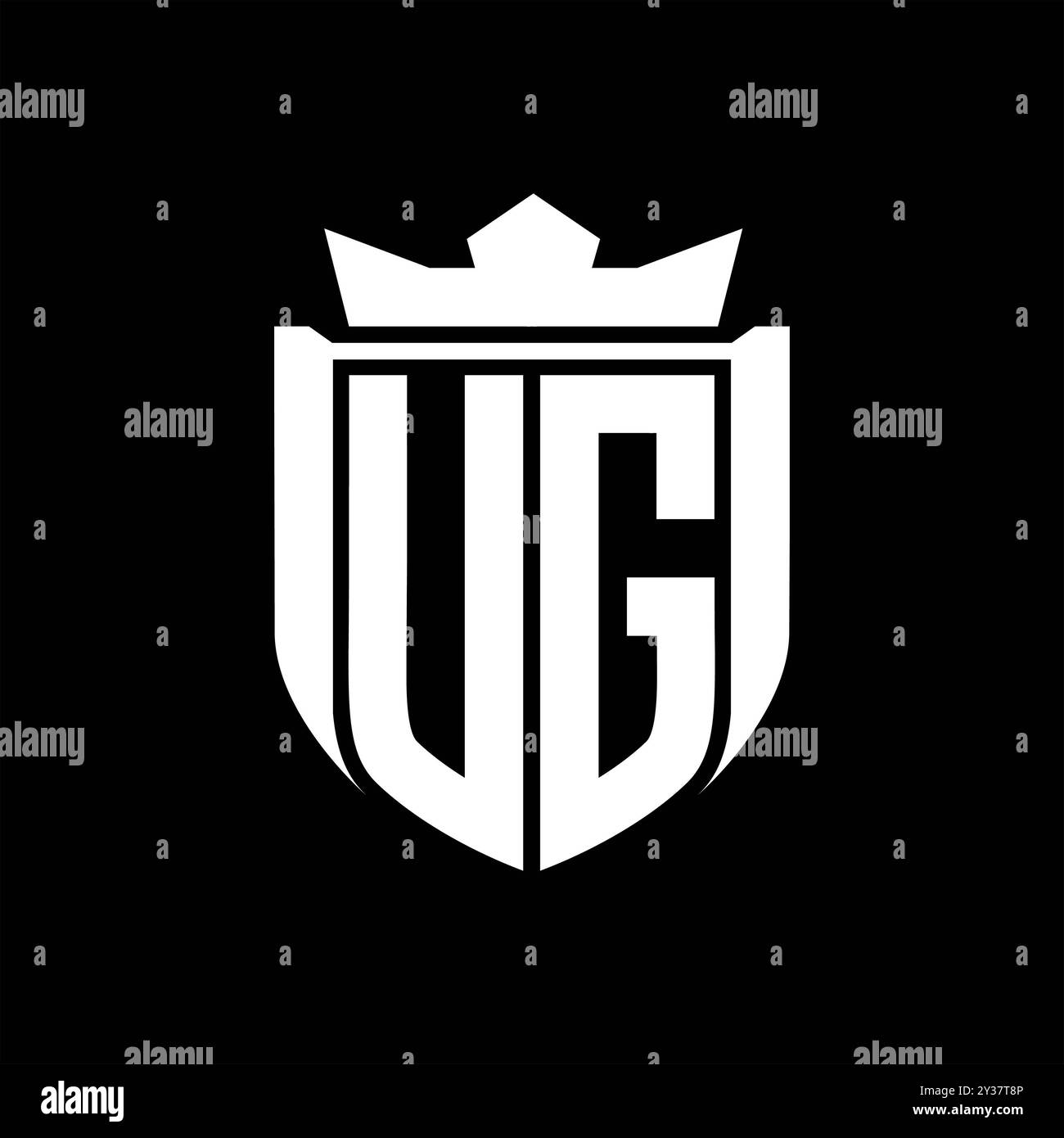 UG Letter logo with shield shape inside shield badge crown on black ...