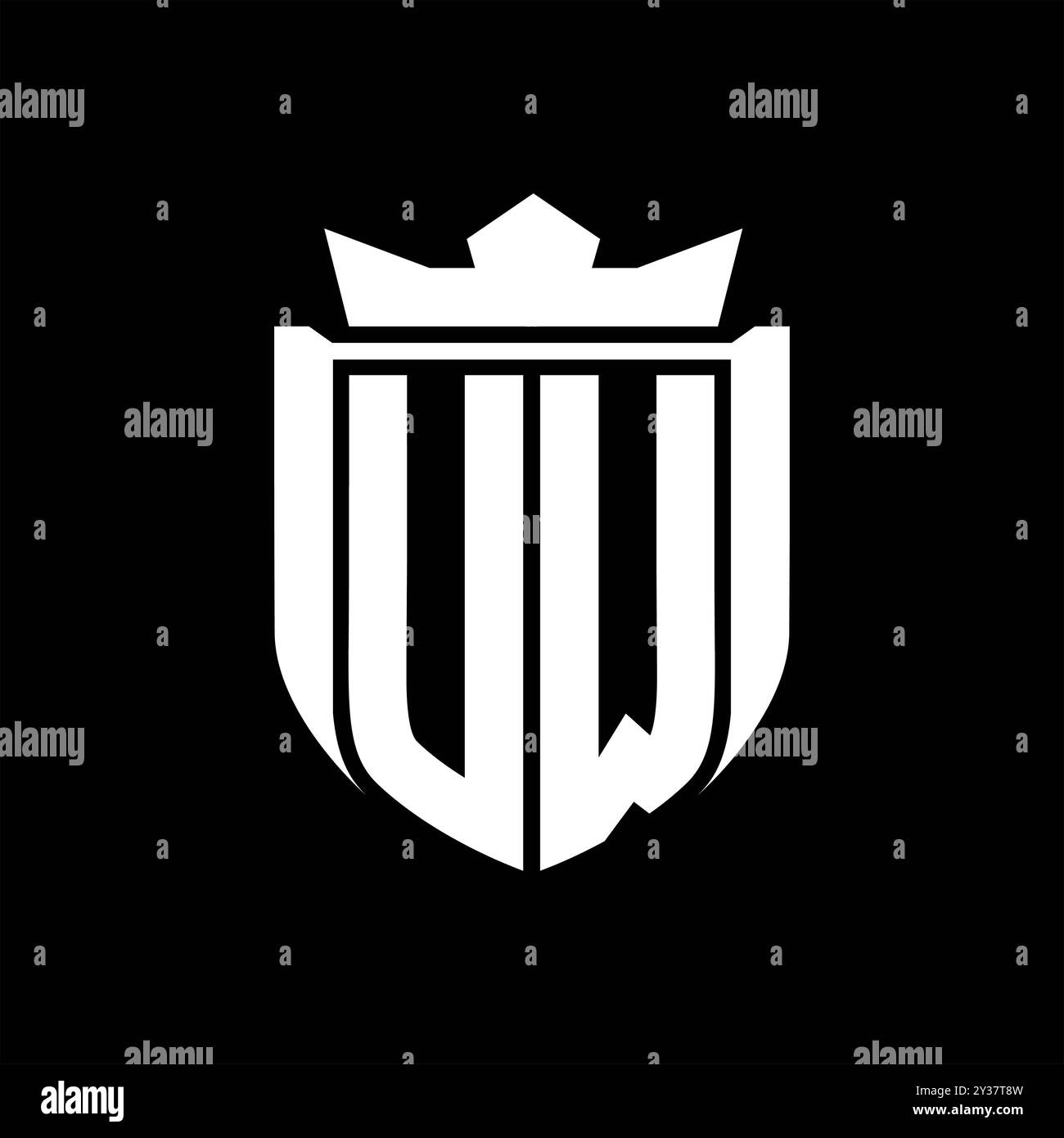 UW Letter logo with shield shape inside shield badge crown on black background template design ...